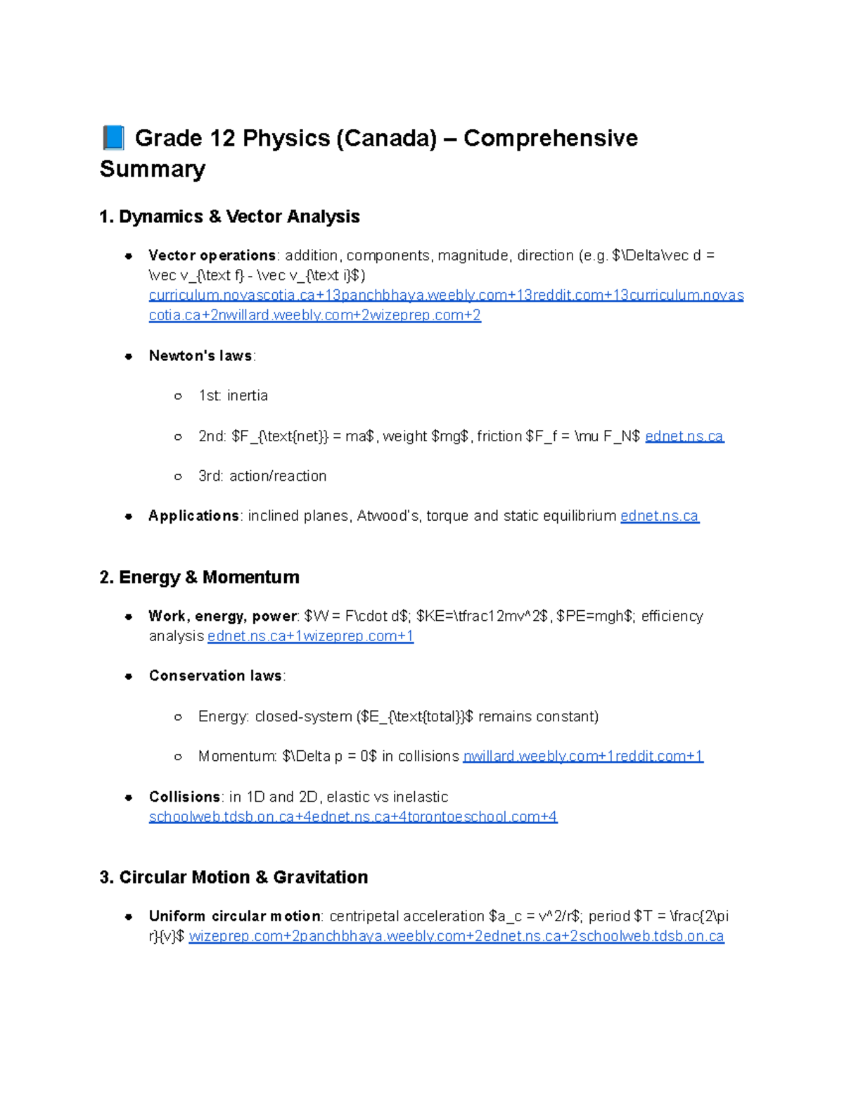 Grade 12 Physics (Canada) Comprehensive Summary on Dynamics & Energy ...