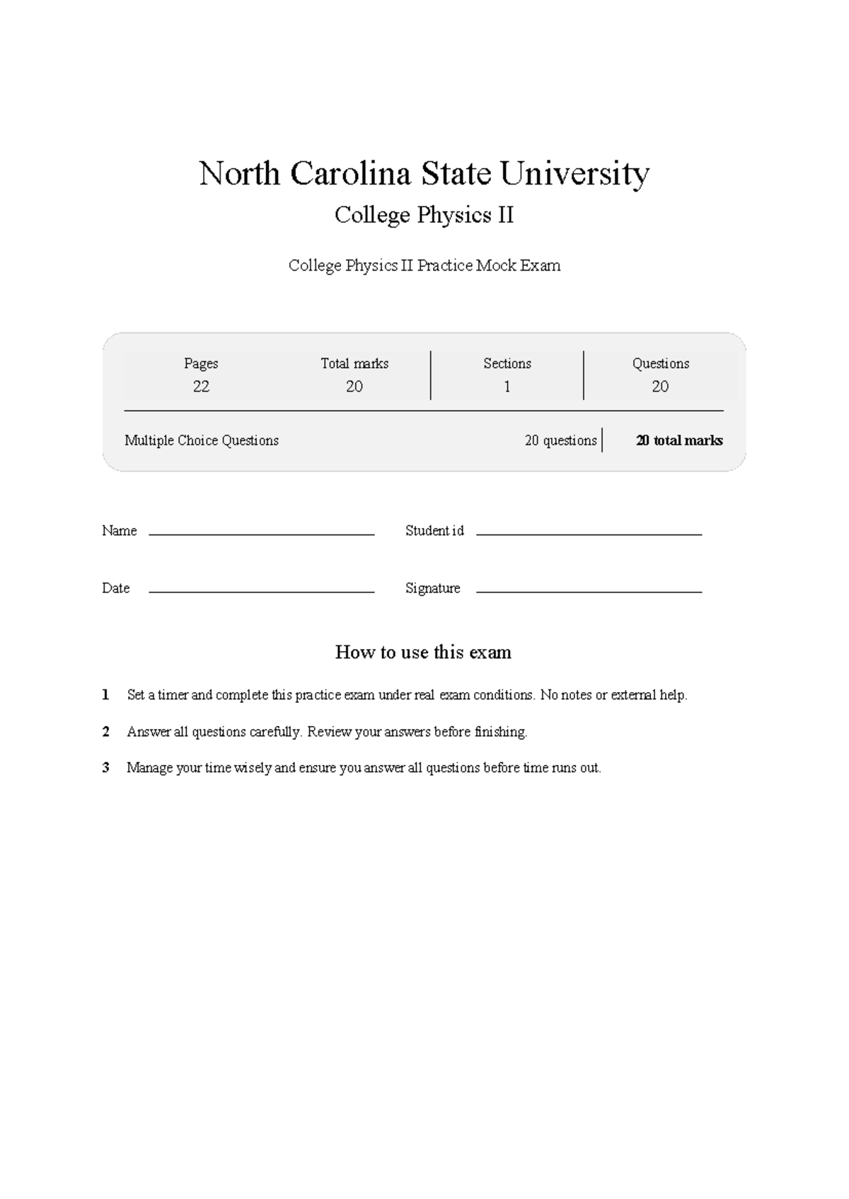 PY 212 College Physics II NC State Practice Mock Exam 2026 - Studocu