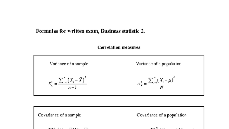 Formulas for Written Exam: Business Statistics 2 Analysis - Studocu