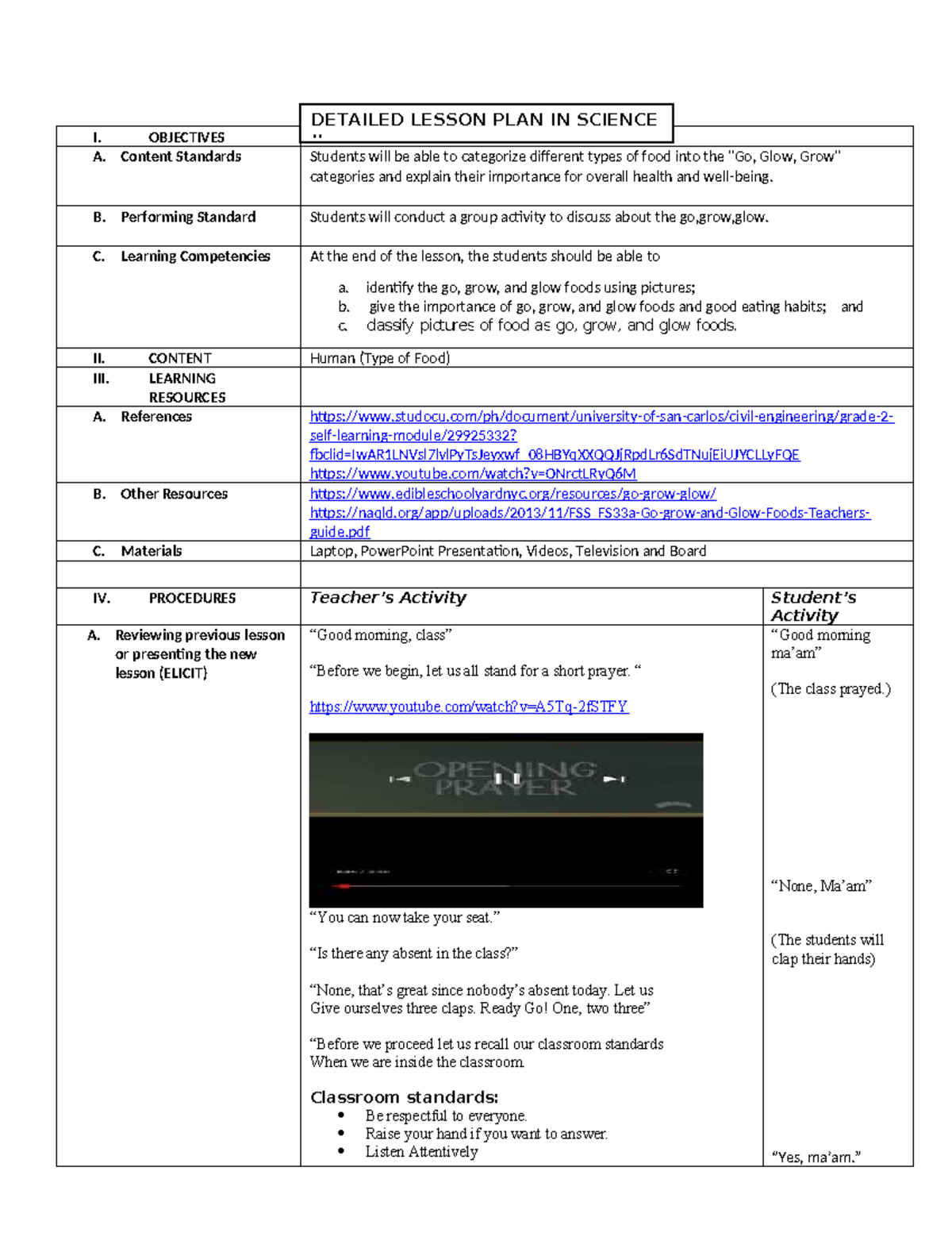 Detailed Lesson Plan in Science: Go, Glow, Grow Foods - Studocu