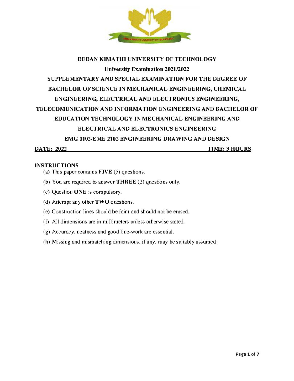 EMG 2102 Engineering Drawing & Design Supplementary Exam 2022 - Studocu