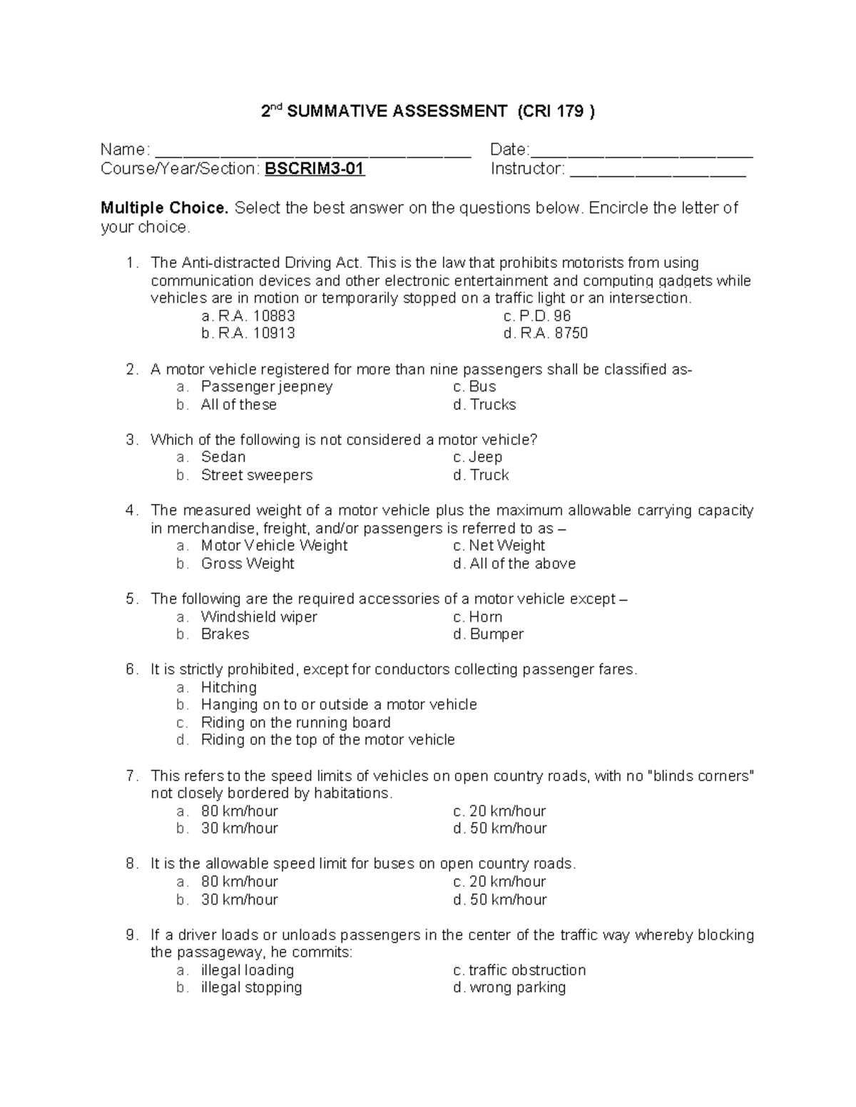 2nd Summative Assessment (CRI 179) - Multiple Choice Questions - Studocu