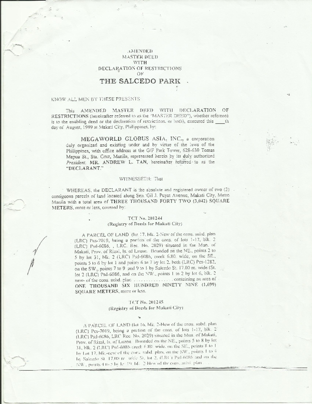 Sample Master Deed with Restrictions Declaration - Document 1 - Studocu