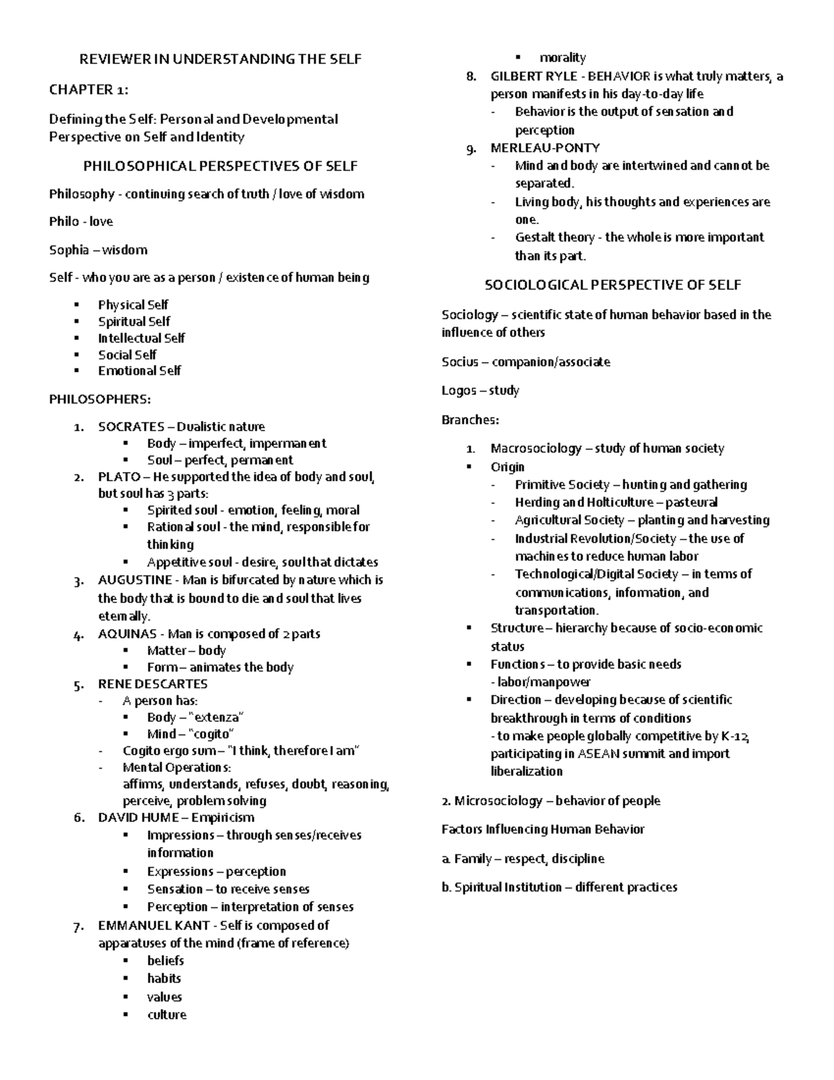 UTS Reviewer - REVIEWER IN UNDERSTANDING THE SELF CHAPTER 1: Defining the Self: Personal and ...