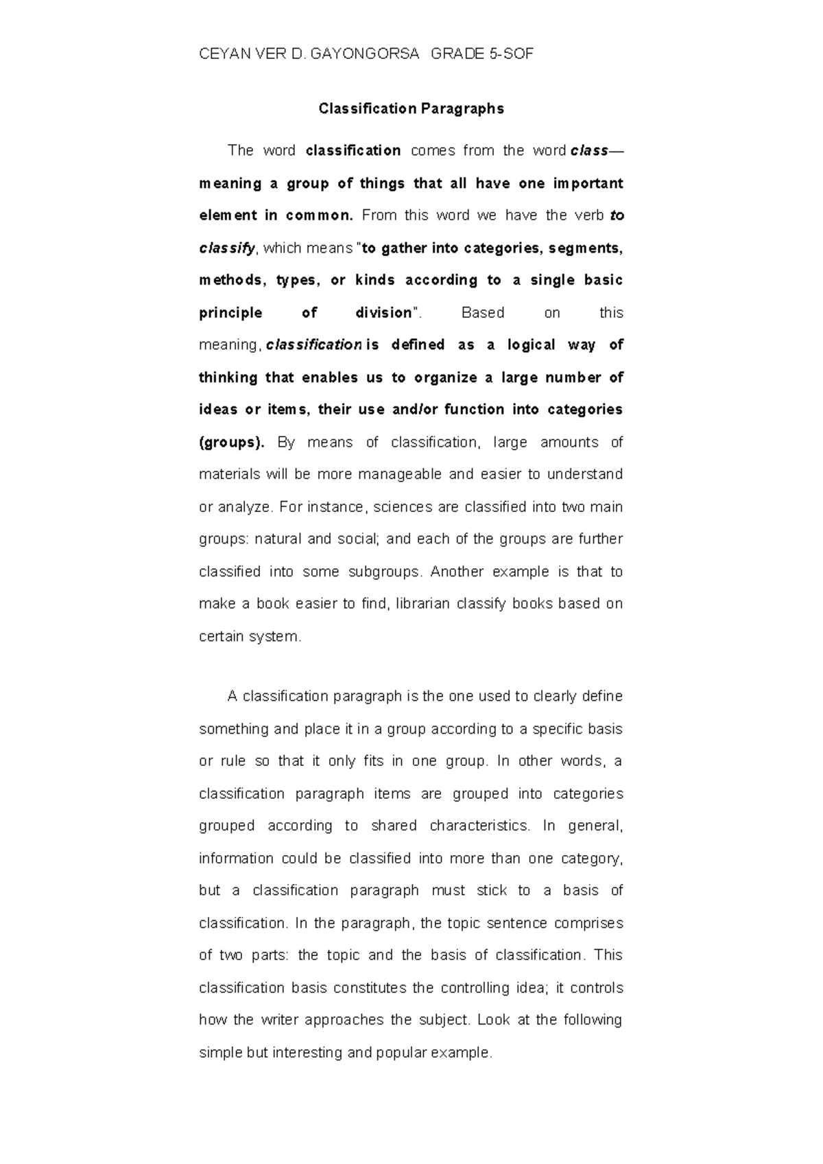 Classification Paragraphs for Grade 5-SOF: A Structured Approach - Studocu