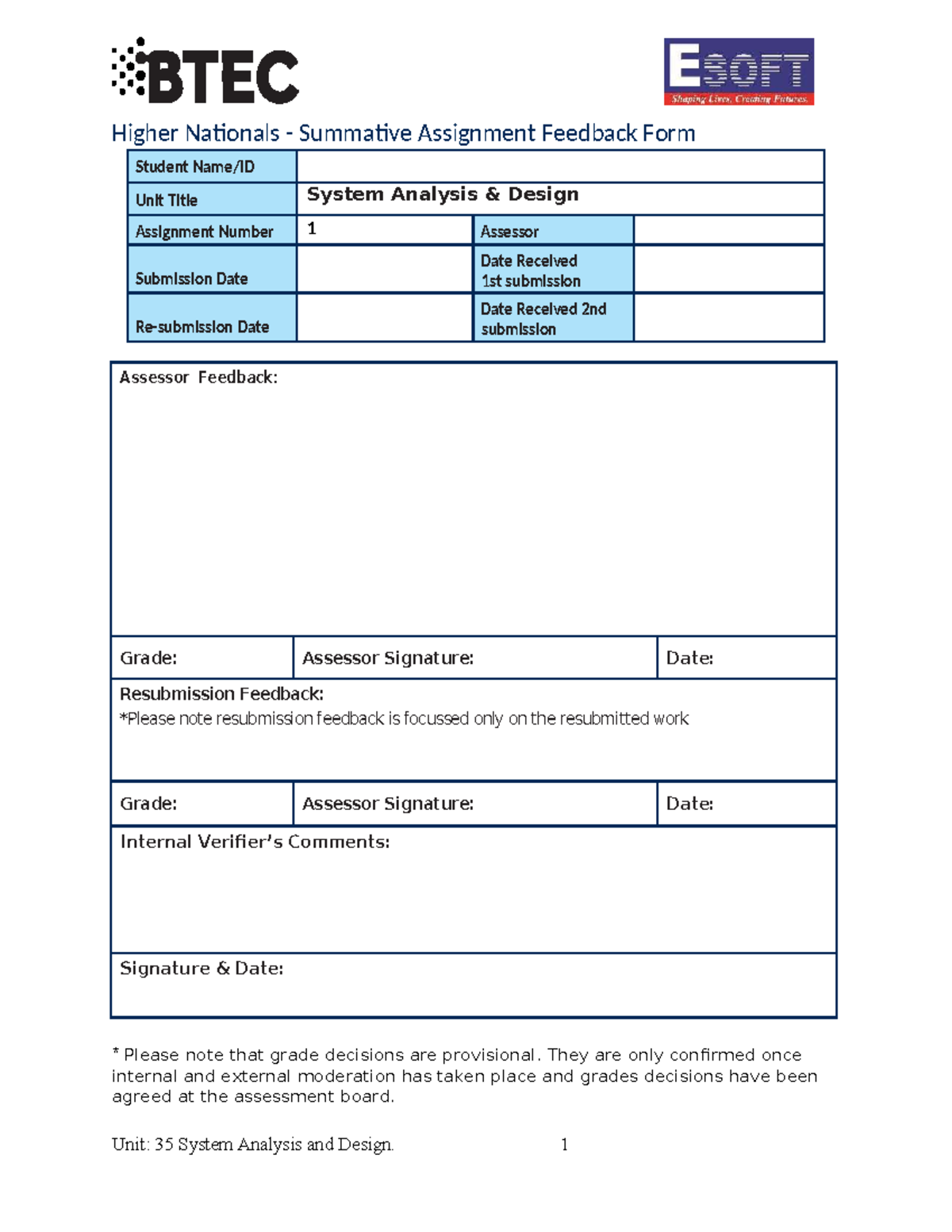 SAD 1 - System Analysis and Design Summative Assignment Feedback Form - Studocu