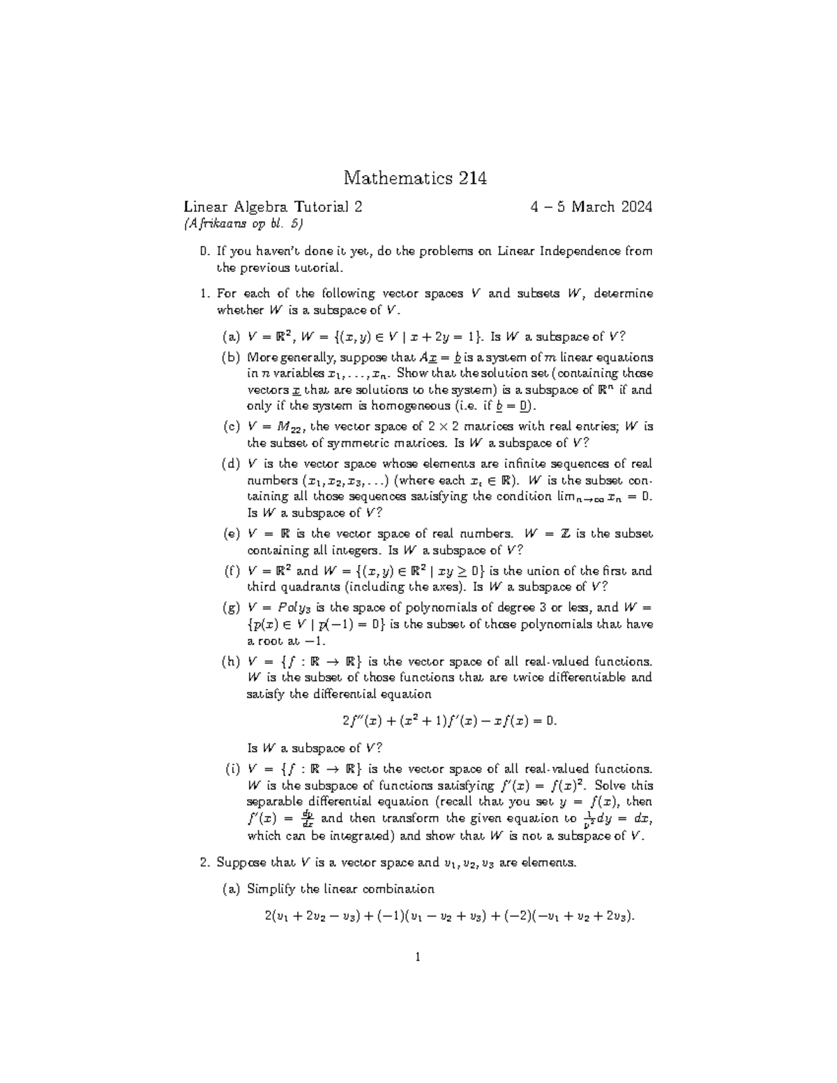 Mathematics 214: Linear Algebra Tutorial 2 (4-5 March 2024) - Studocu