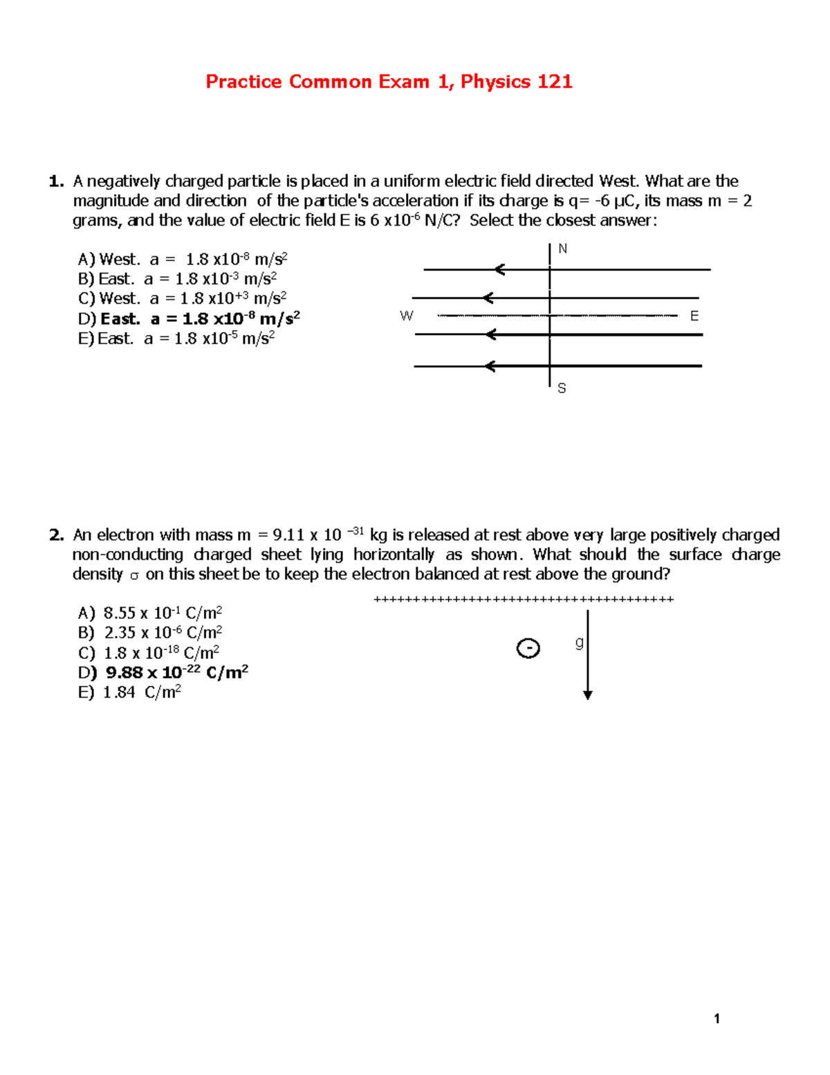 Practice Common Exam 1, Physics 121 - Electric Fields & Forces - Studocu