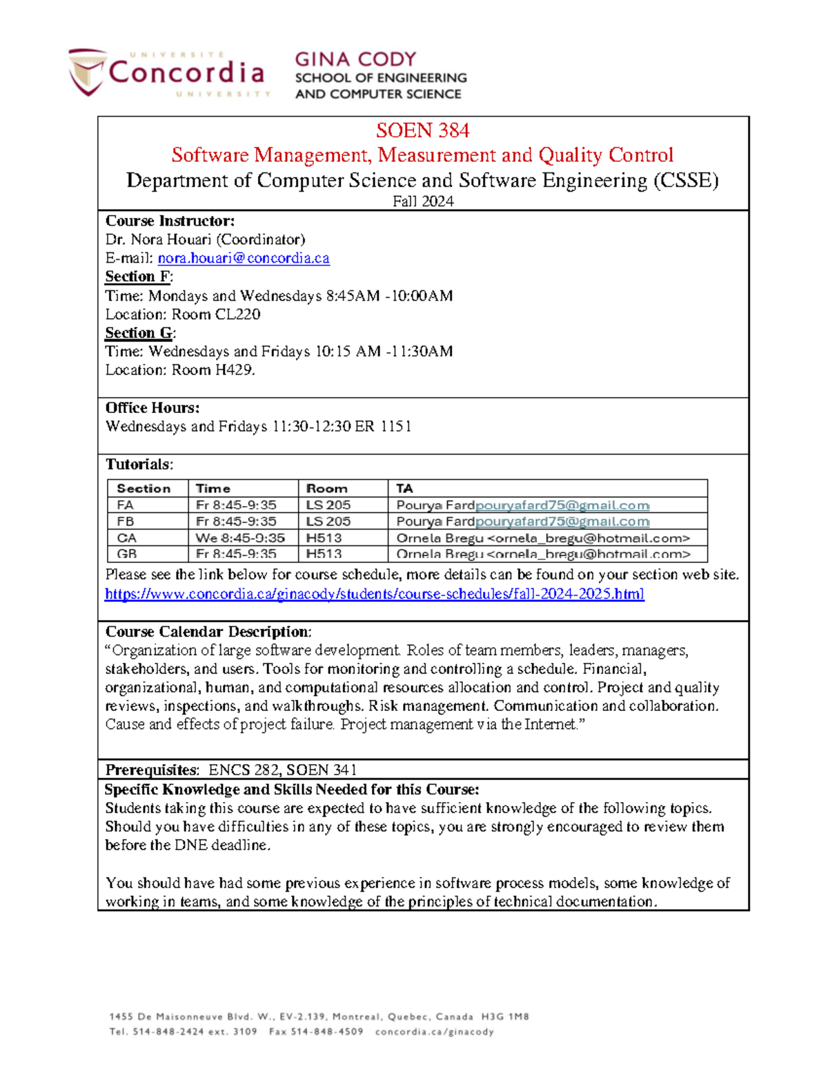Course Outline: SOEN 384 Software Management & Quality Control F2024 ...