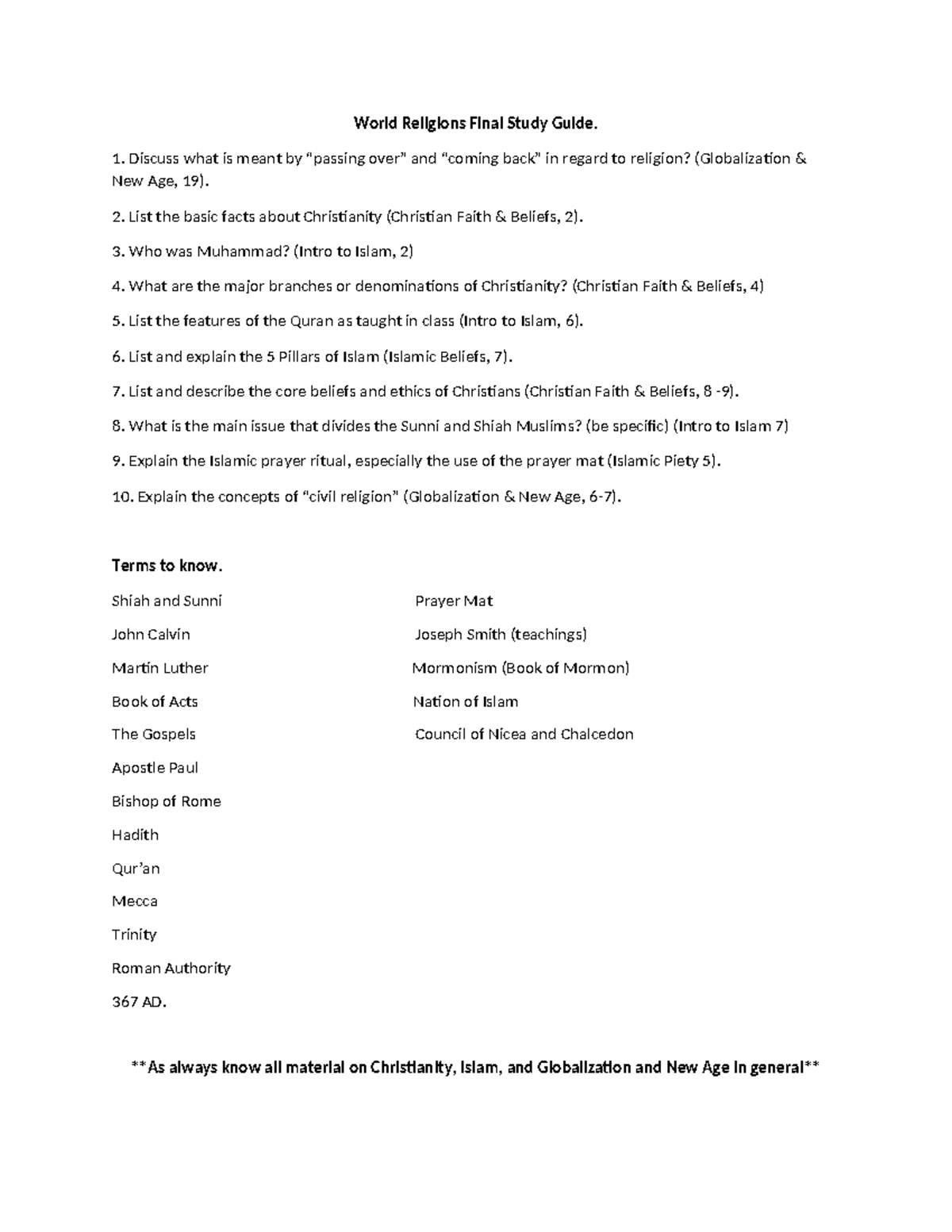 World Religions Final Exam Study Guide: Christianity & Islam Insights ...