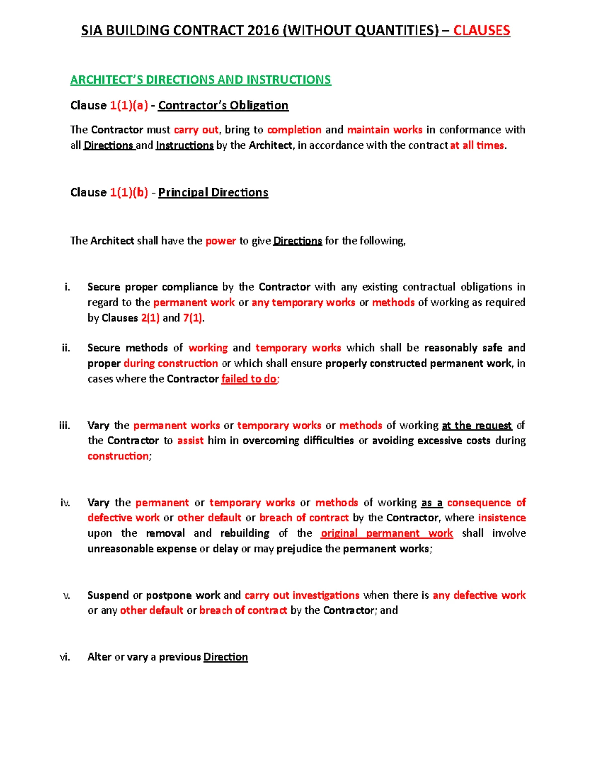 SIA Building Contract 2016: Without Quantities (1st Edition) - Studocu