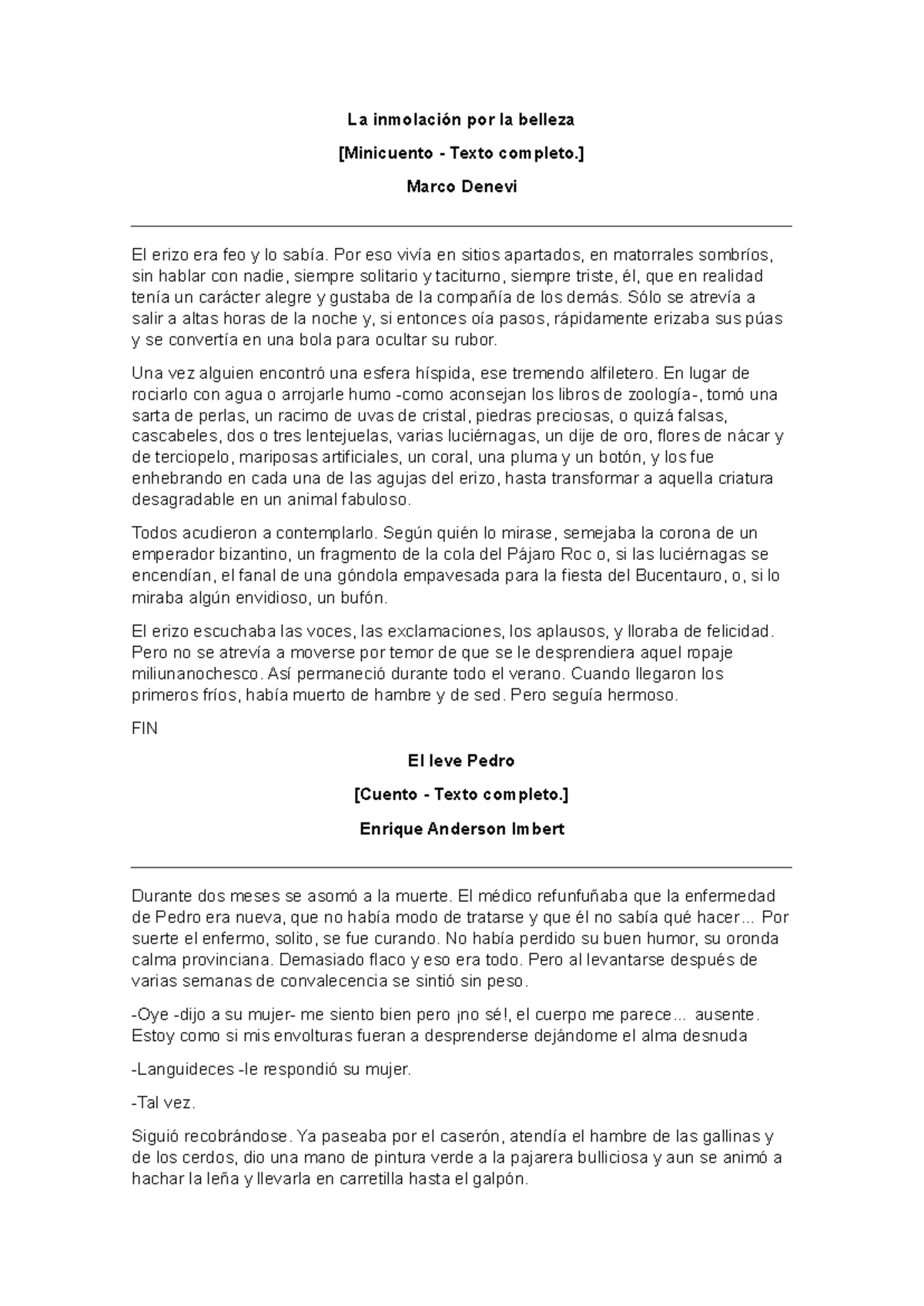 La inmolación por la belleza: Análisis de Denevi y Anderson - Studocu