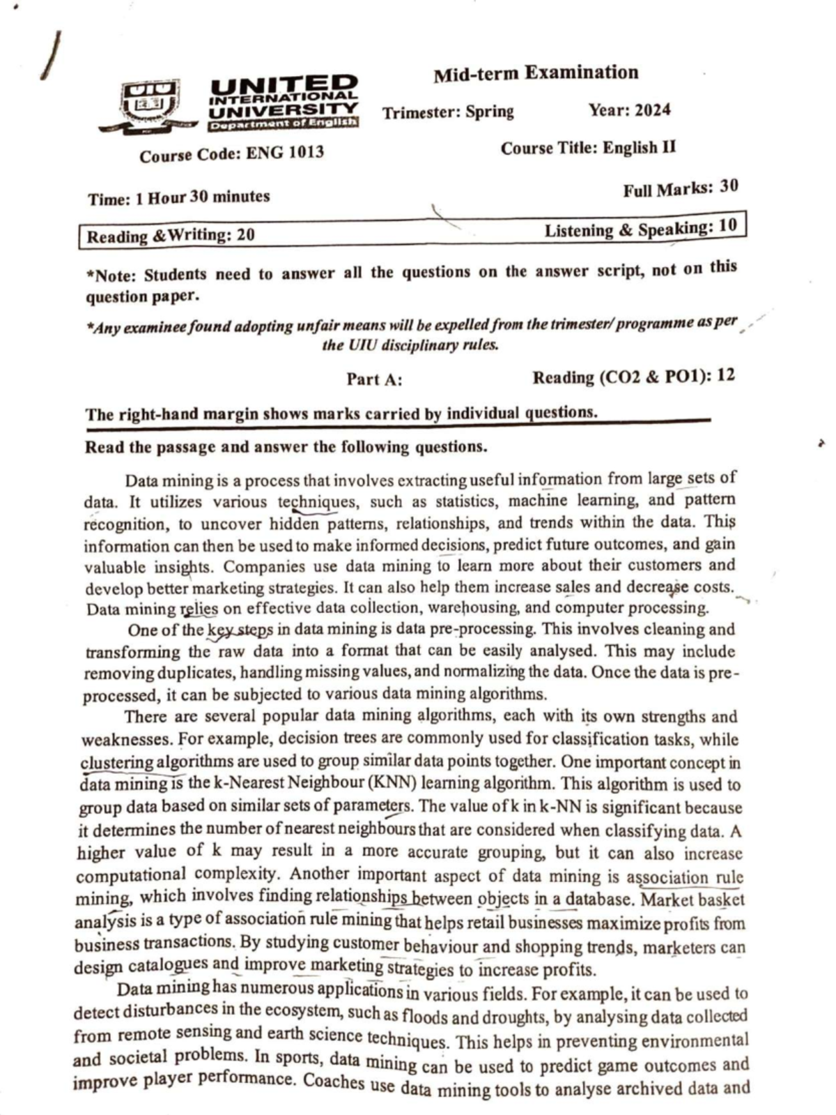 English II - Mid - Spring 2024 - Mid-term Examination UNITED ...