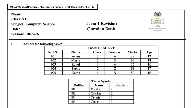 XII(CS) Term 1 Revision SQL & Python Question Bank - Studocu