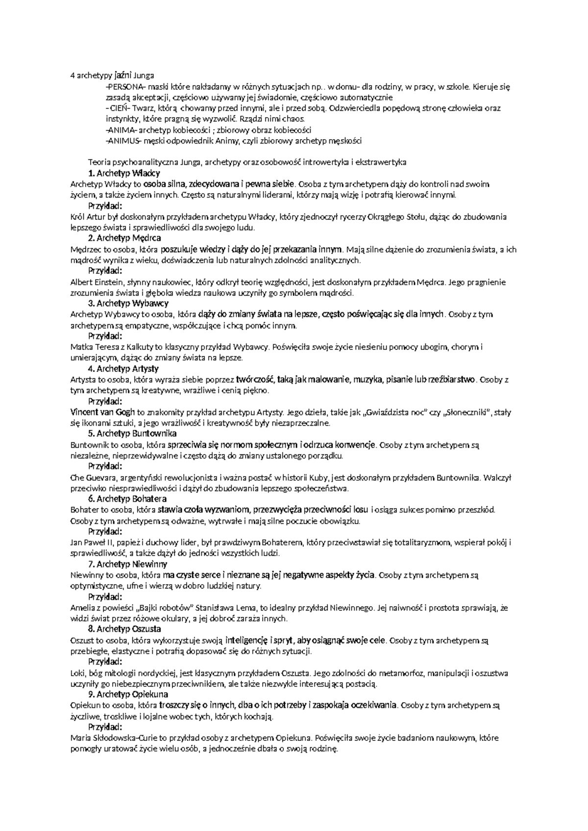 Archetypy Junga: Psychologia i Osobowość w Teorii Jungowskiej - Studocu