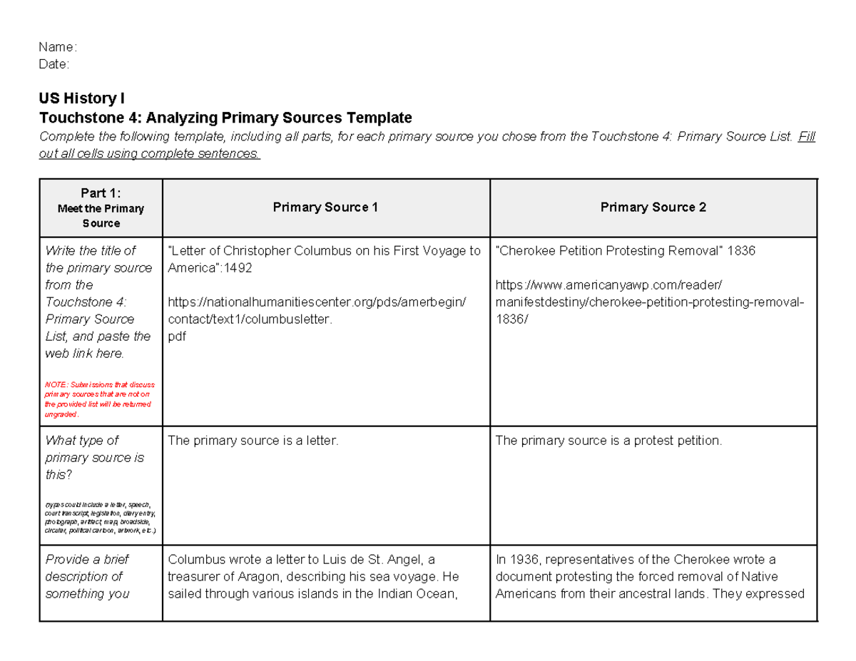 US History I - Touchstone 4 Primary Sources Analysis Template - Studocu