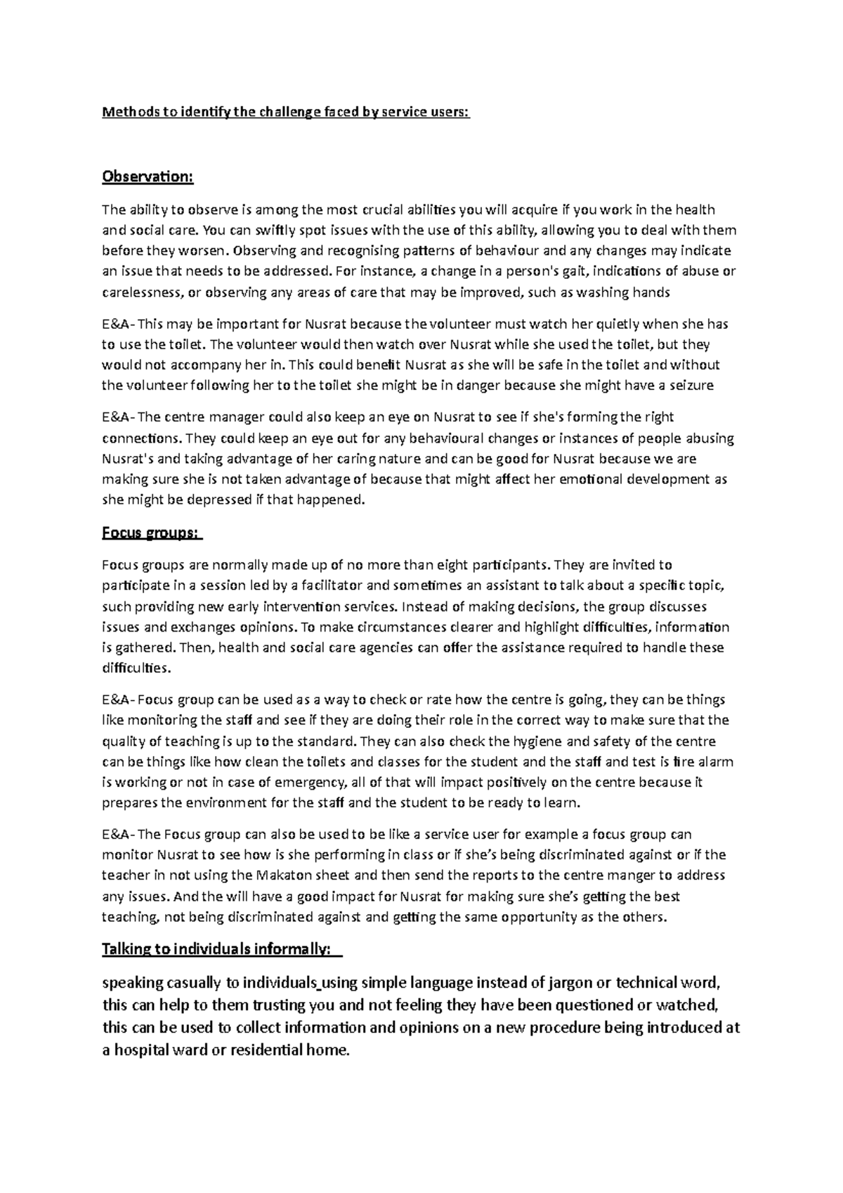 Methods to identify the challenge faced by service users Mo - Methods ...