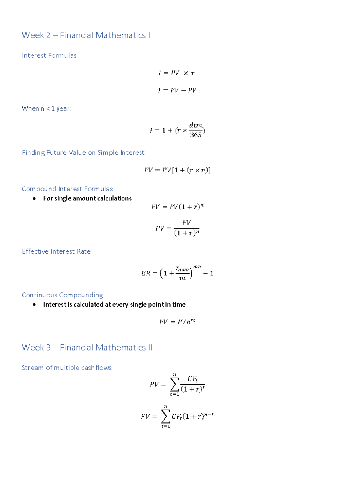 Formula Sheet [W1-6] - Week 2 3 Financial Mathematics I Interest ...