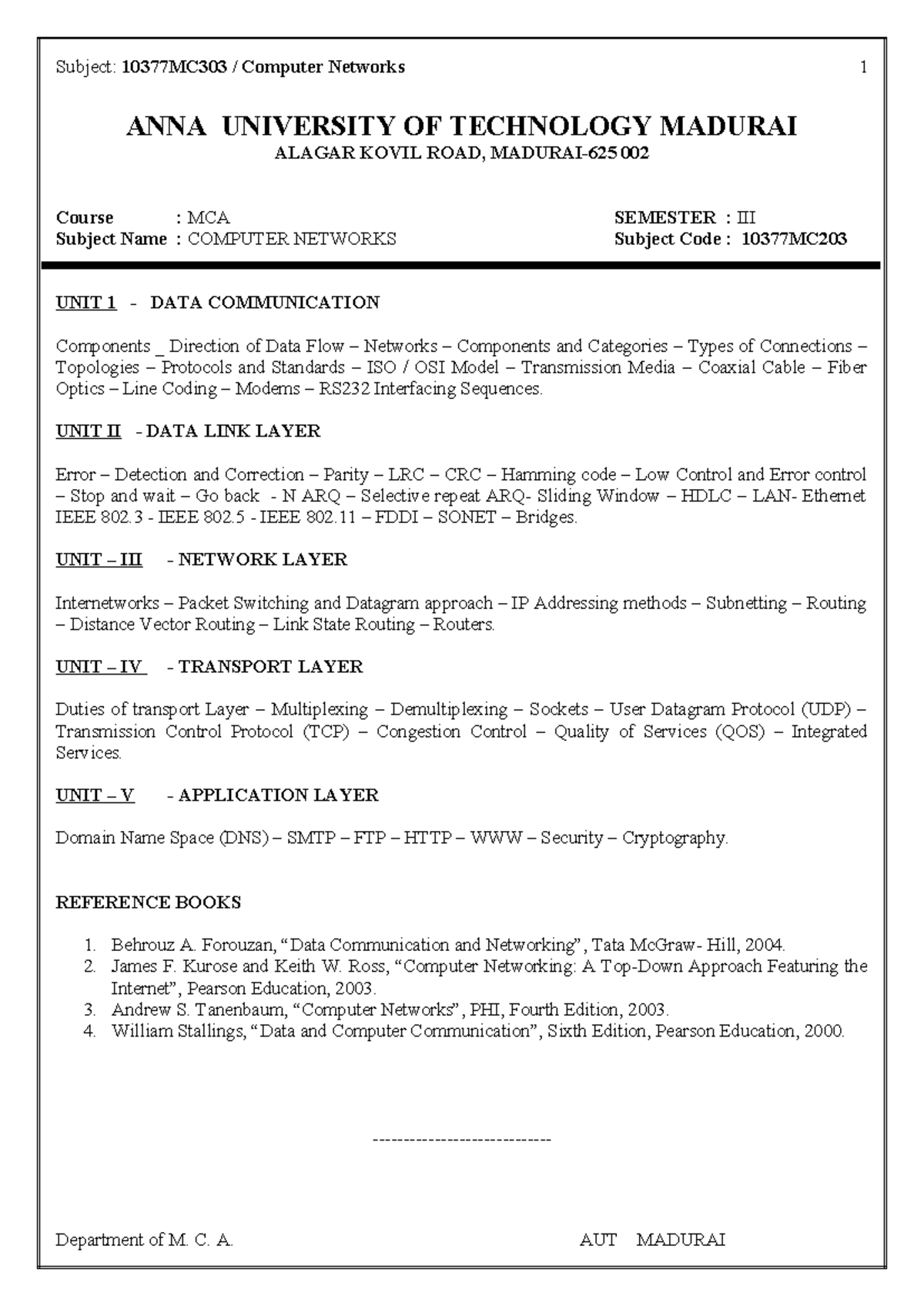 MCA 10377MC303 Computer Networks: Unit I Overview and Key Concepts - Studocu