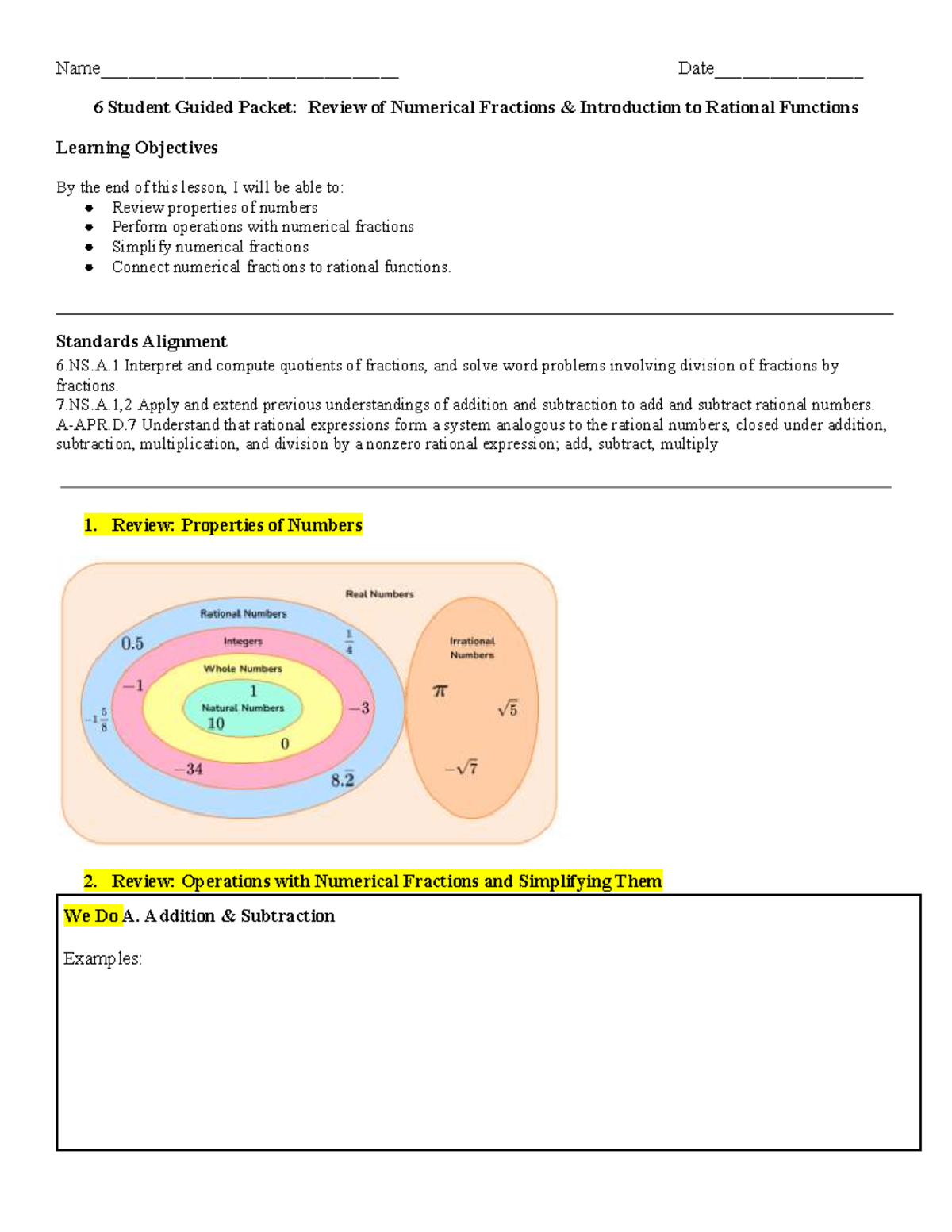 6.NS.A.1 Student Guided Packet: Numerical Fractions & Rational ...