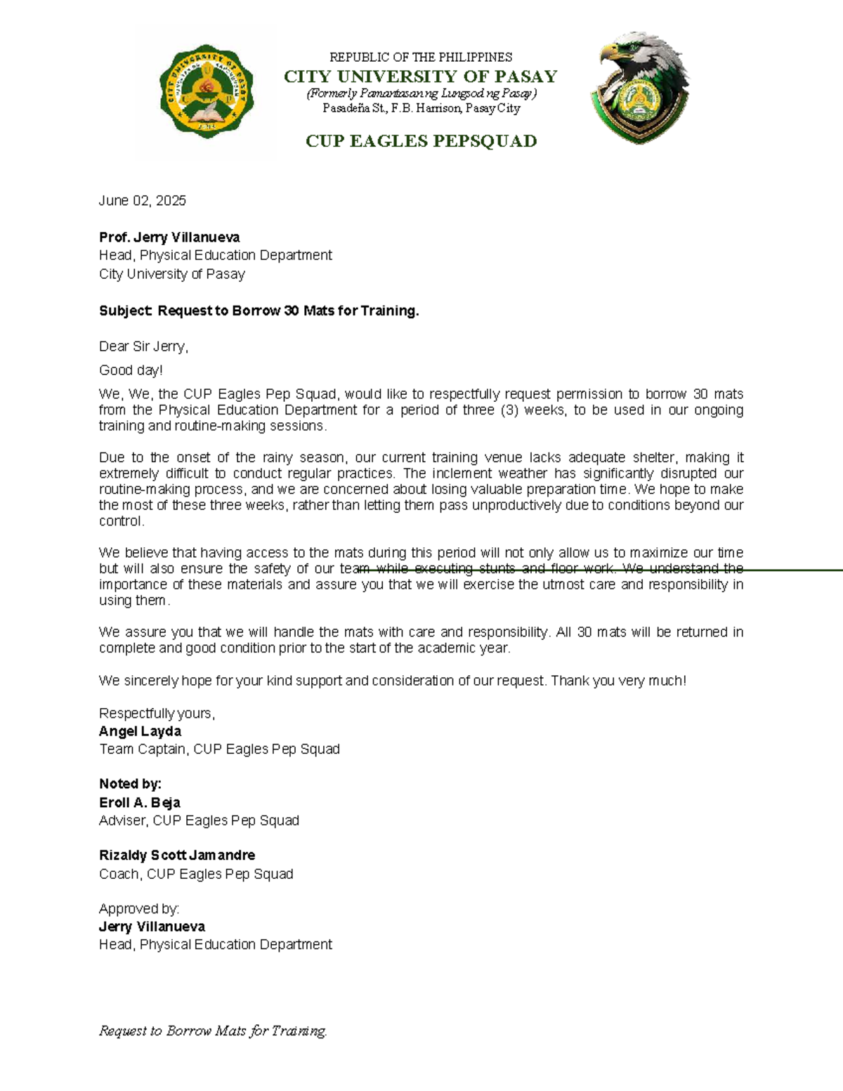 CUP EAGLES PEPSQUAD Request to Borrow Mats for Training - Studocu