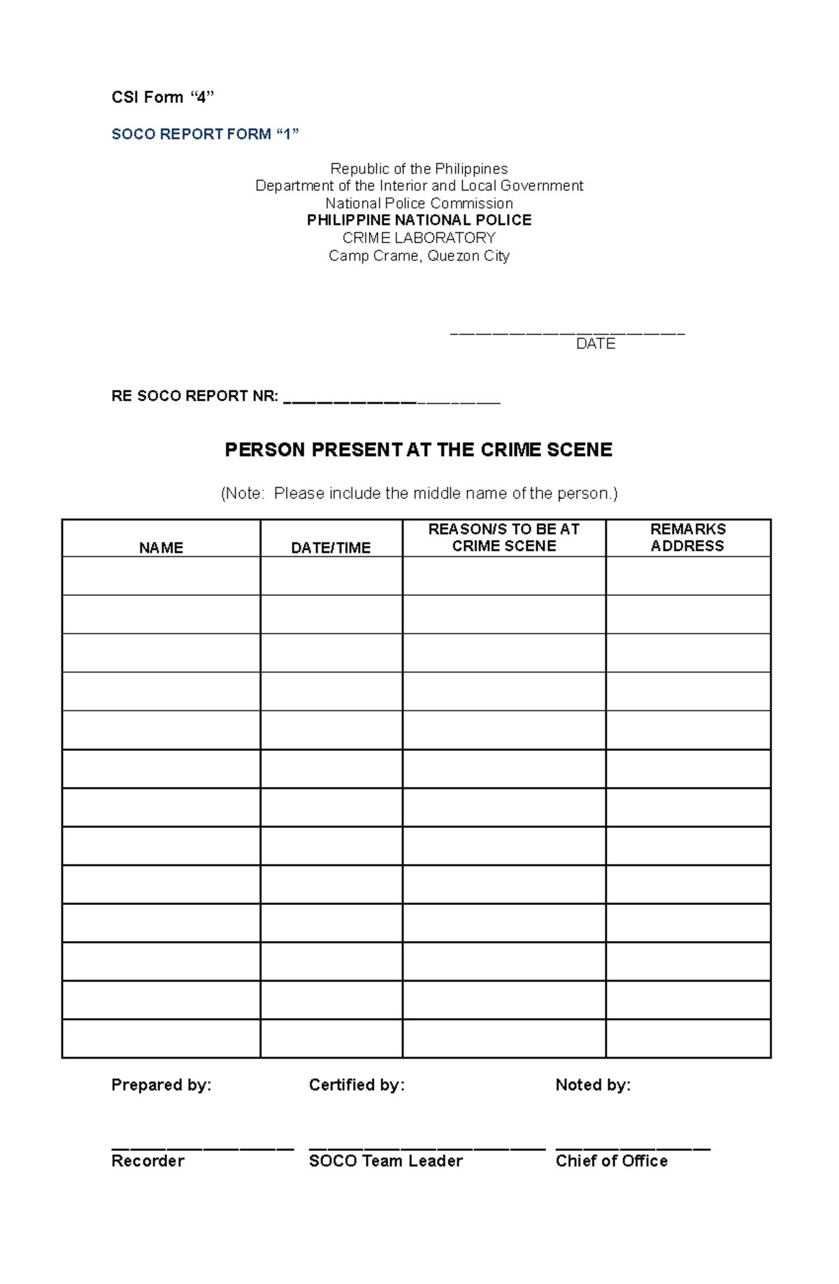 CSI Form 4 - SOCO Report Inventory and Evidence Collection Forms - Studocu