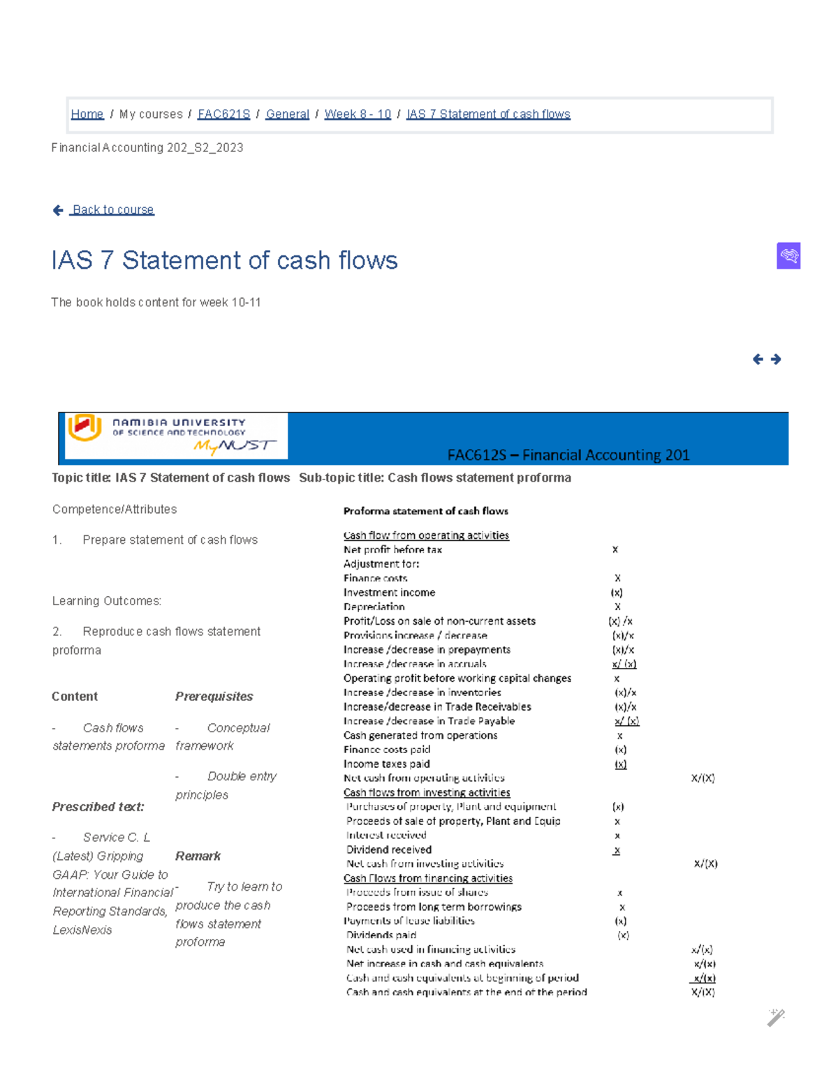 FAC621S IAS 7 Statement of Cash Flows Proforma Overview - Studocu