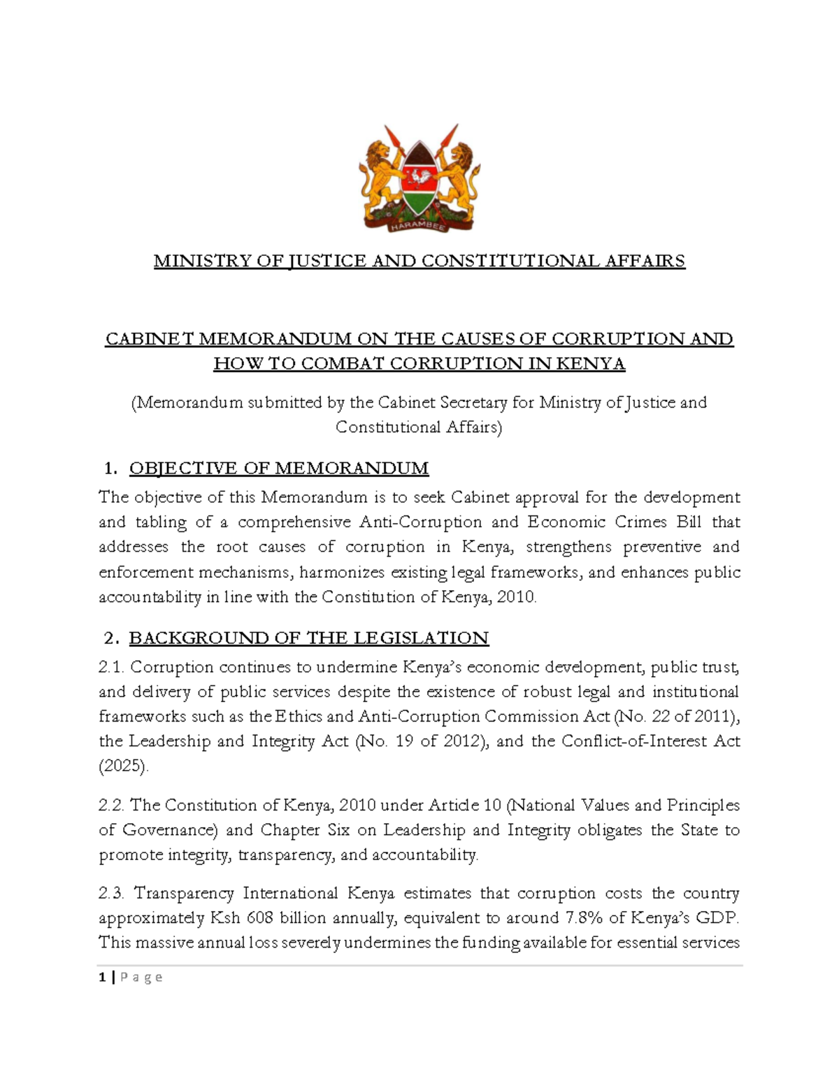 Cabinet Memo on Combating Corruption in Kenya: Causes & Solutions - Studocu