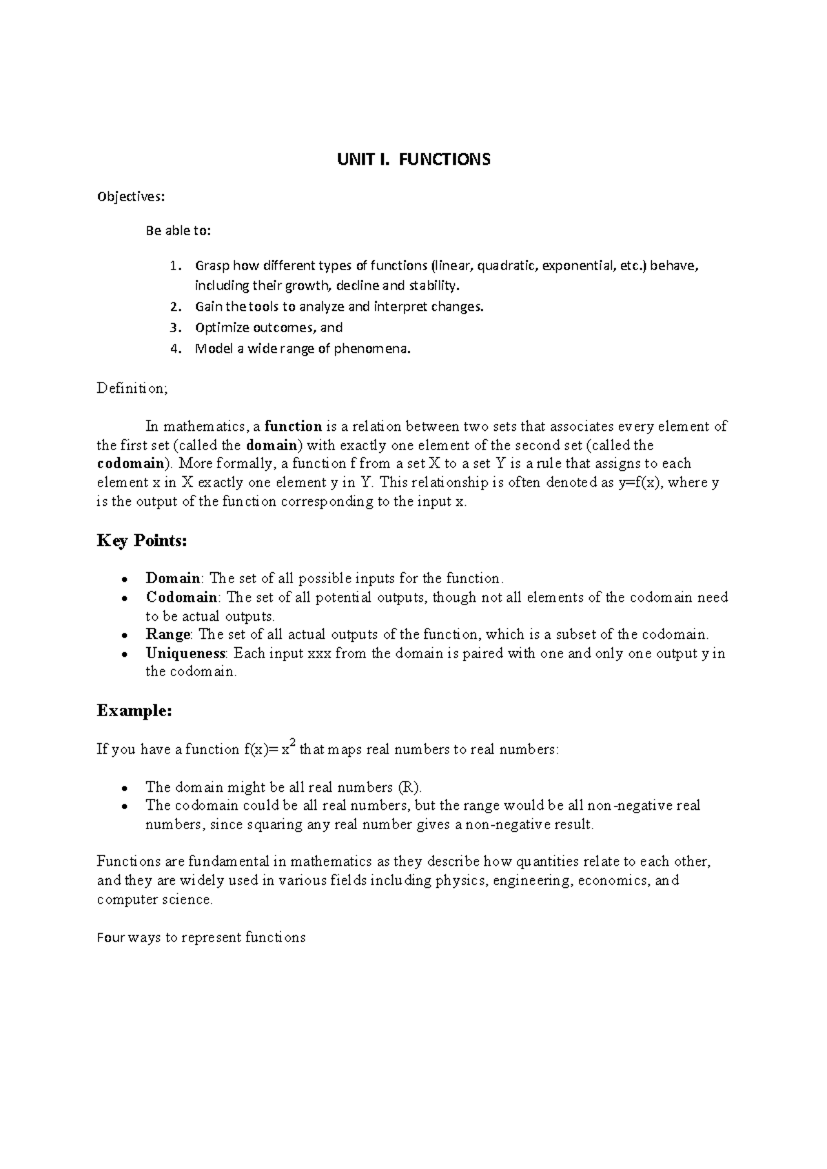 Unit I: Functions Overview - CALCULUS - Studocu