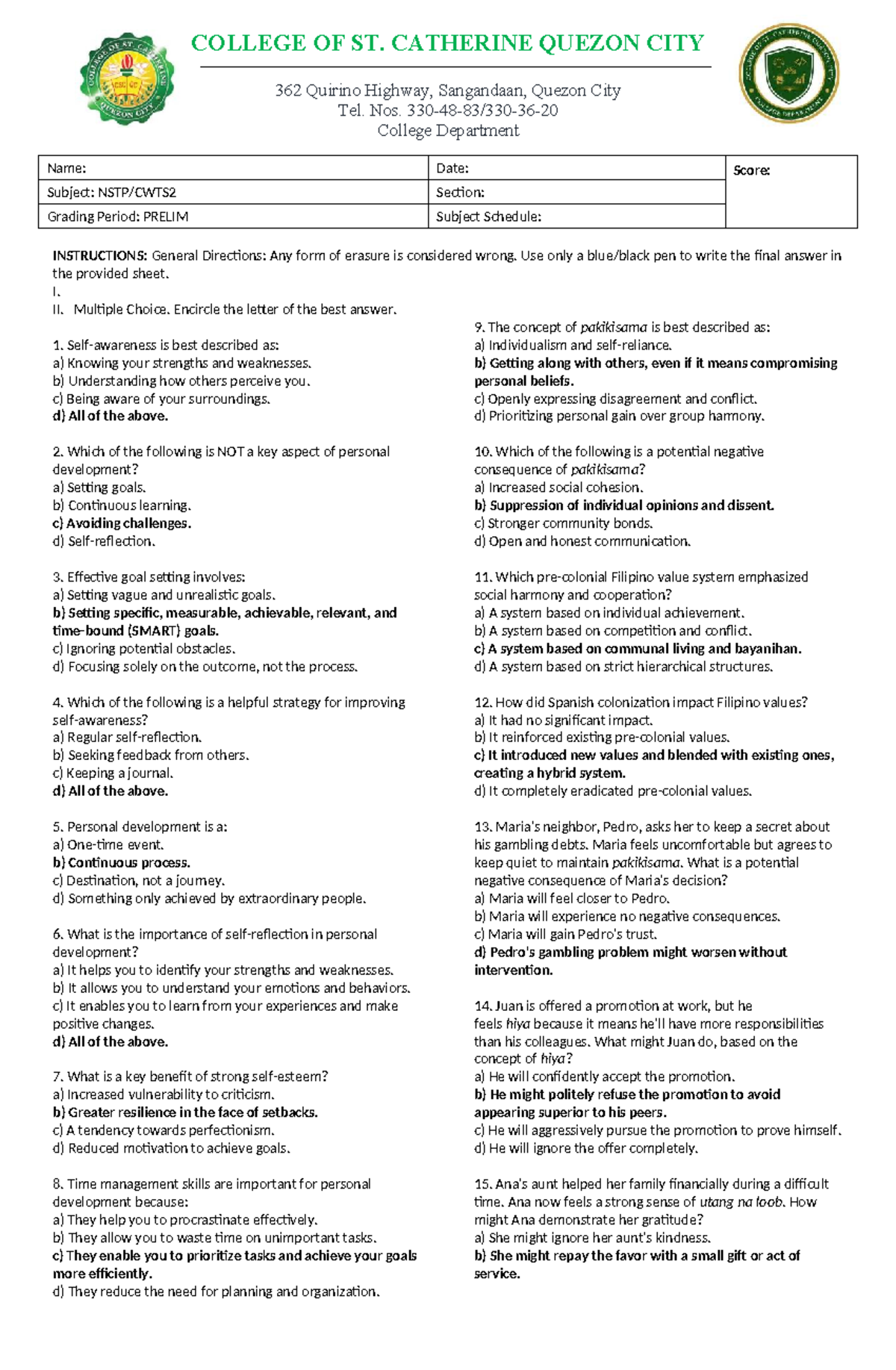 CWTS 2 Prelim Exam Answer Key: Filipino Values and Leadership Concepts - Studocu