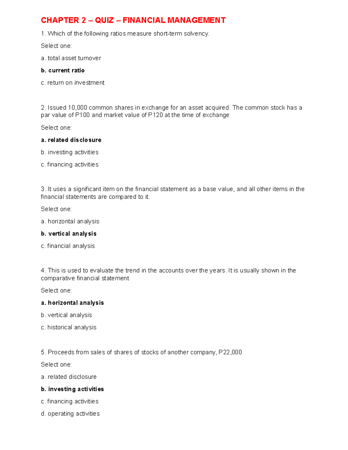 Chapter 2 – Financial Mgmt Quiz: Key Concepts & Ratios - Studocu