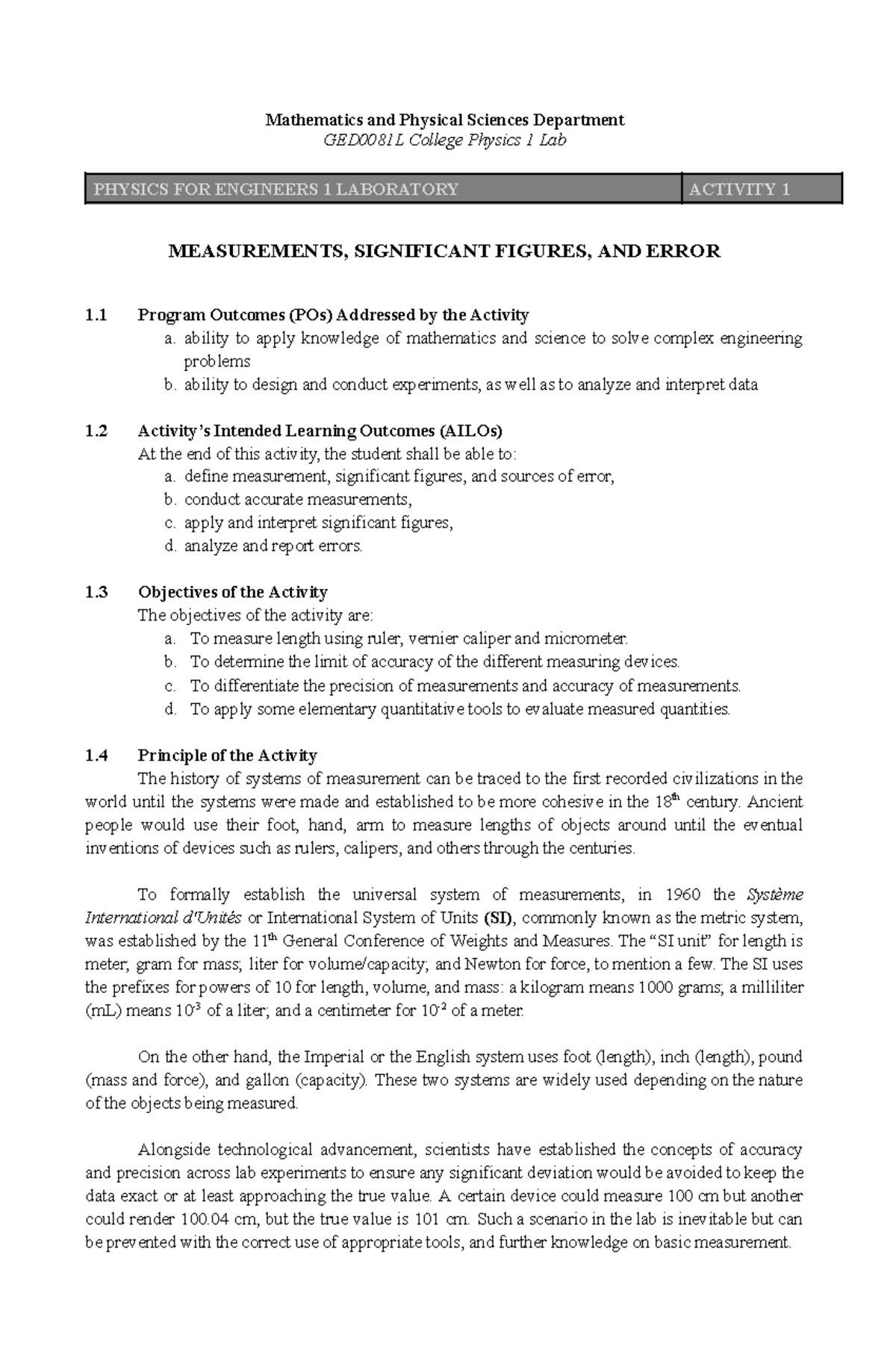 GED0081L - College Physics 1 Lab: Measurements & Error Analysis - Studocu