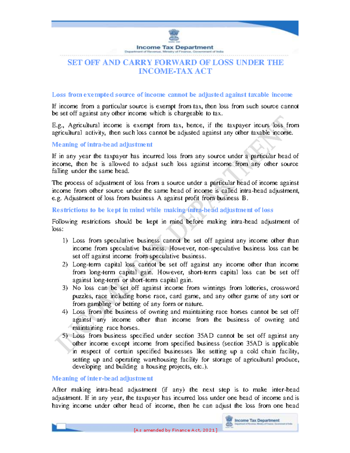 SET OFF AND CARRY FORWARD OF LOSS UNDER INCOME TAX ACT - Studocu