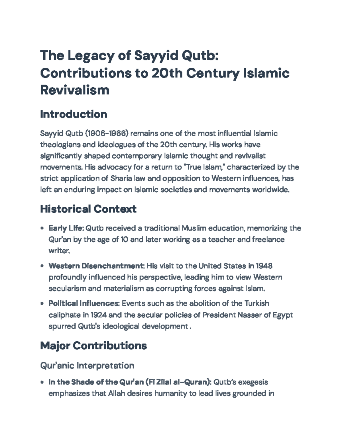 Sayyid Qutb: Key Contributions to 20th Century Islamic Revivalism - Studocu