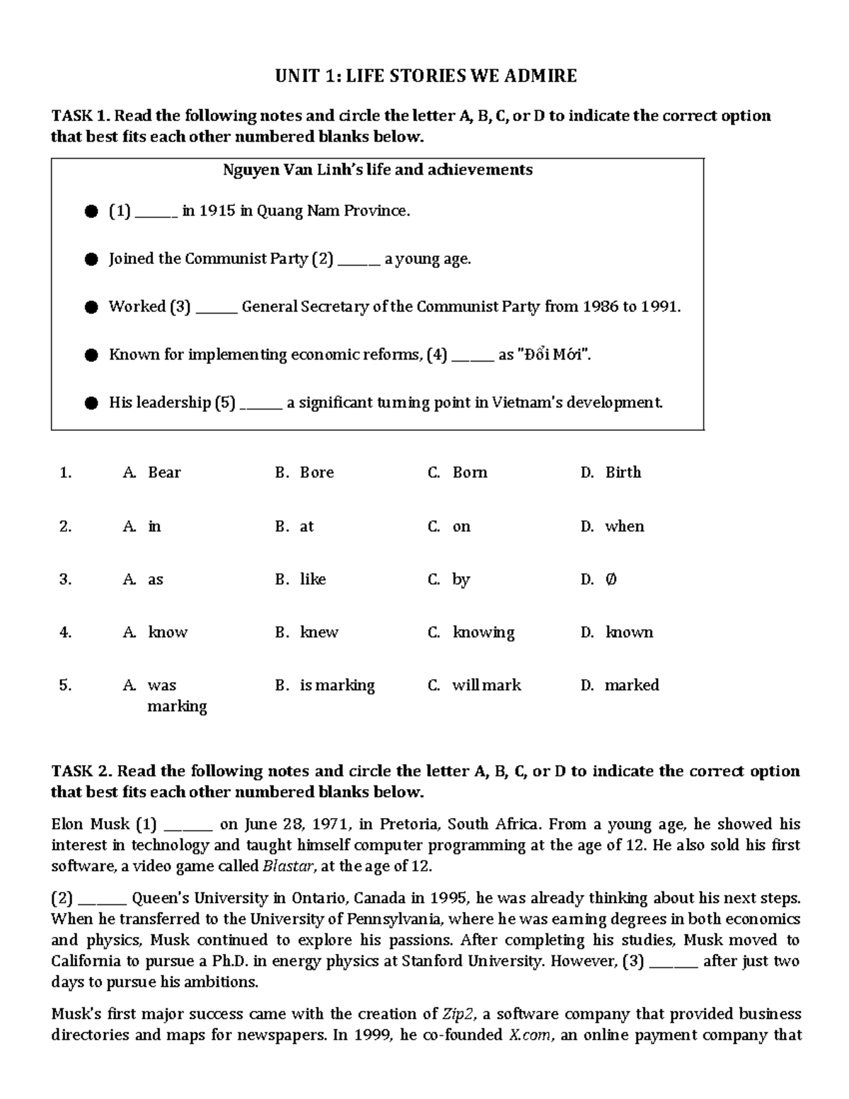 UNIT 1: LIFE STORIES WE ADMIRE - TASKS & ANSWERS (ENG 12) - Studocu
