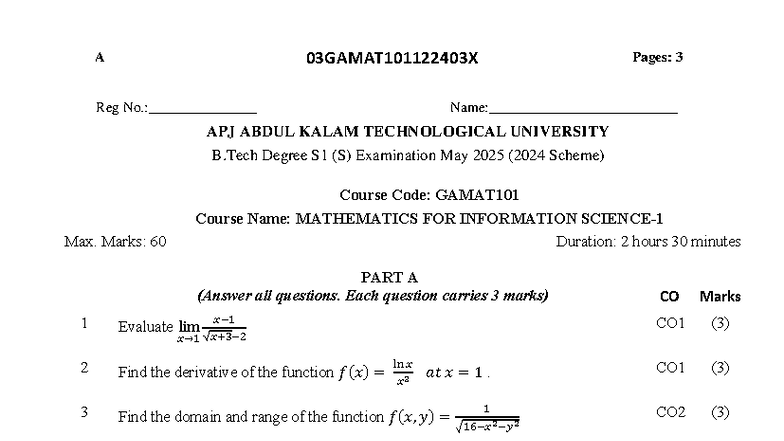 03GAMAT101122403X B.Tech S1 (S) Exam May 2025: Mathematics for ...