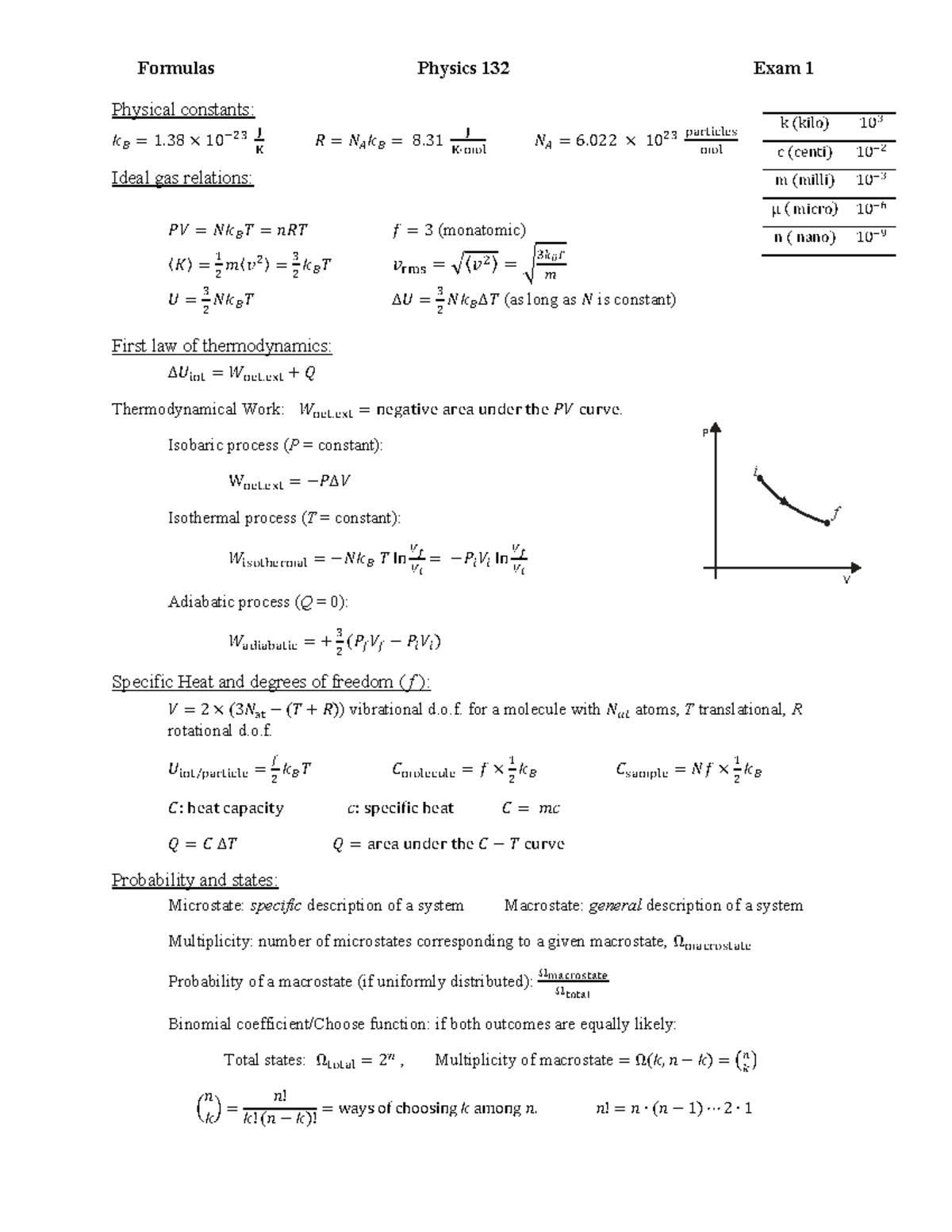 Physics 132 Exam 1 Formula Sheet: Key Equations & Constants - Studocu