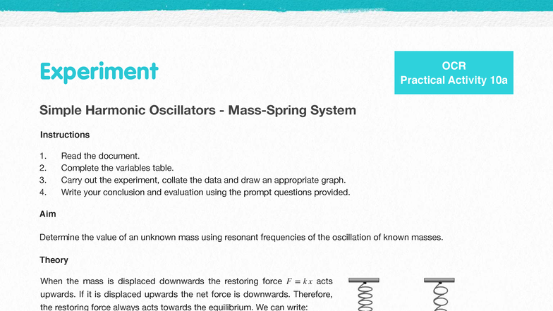 Practical Activity 10a: Simple Harmonic Oscillators Experiment Guide ...