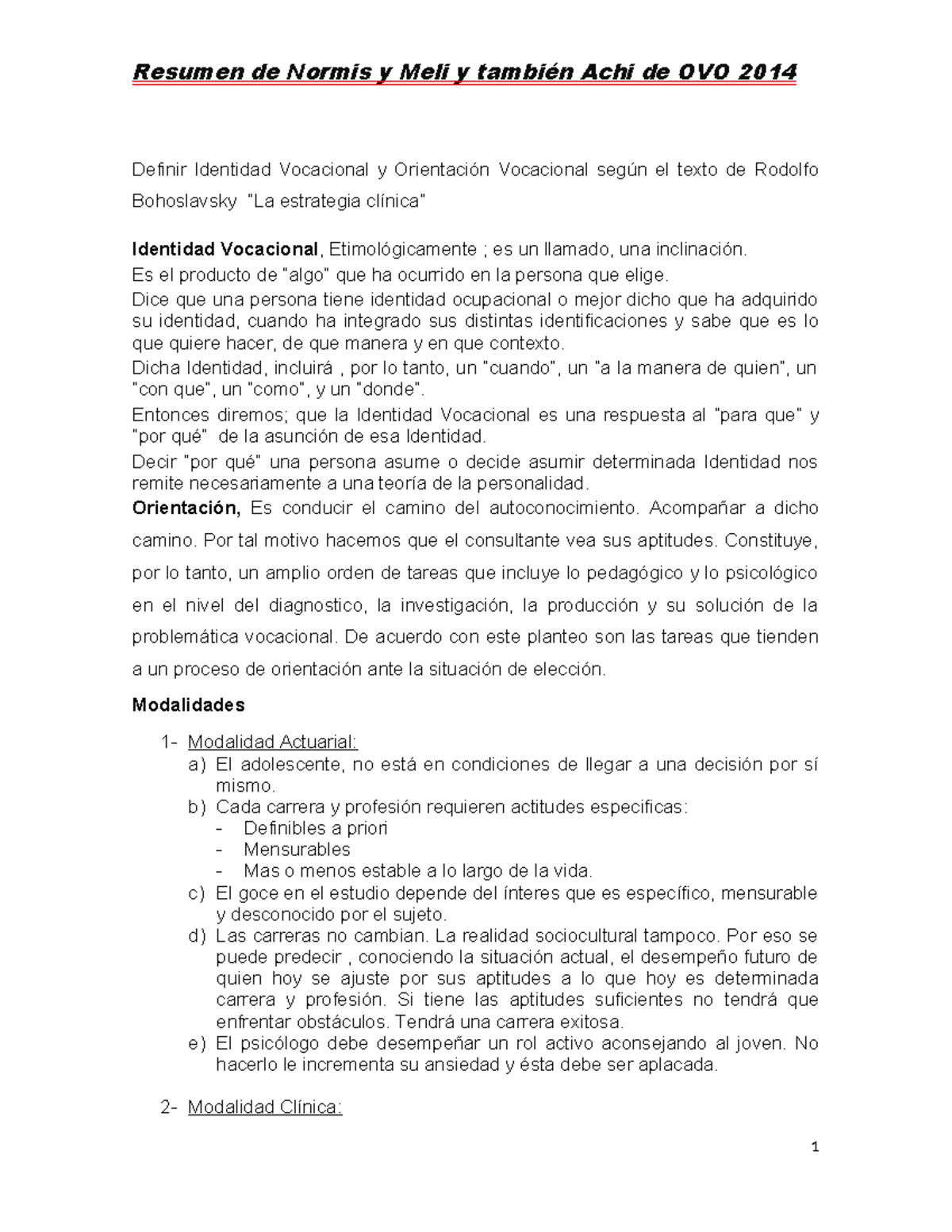Resumen Orientacion Vocacional - Definir Identidad Vocacional y ...