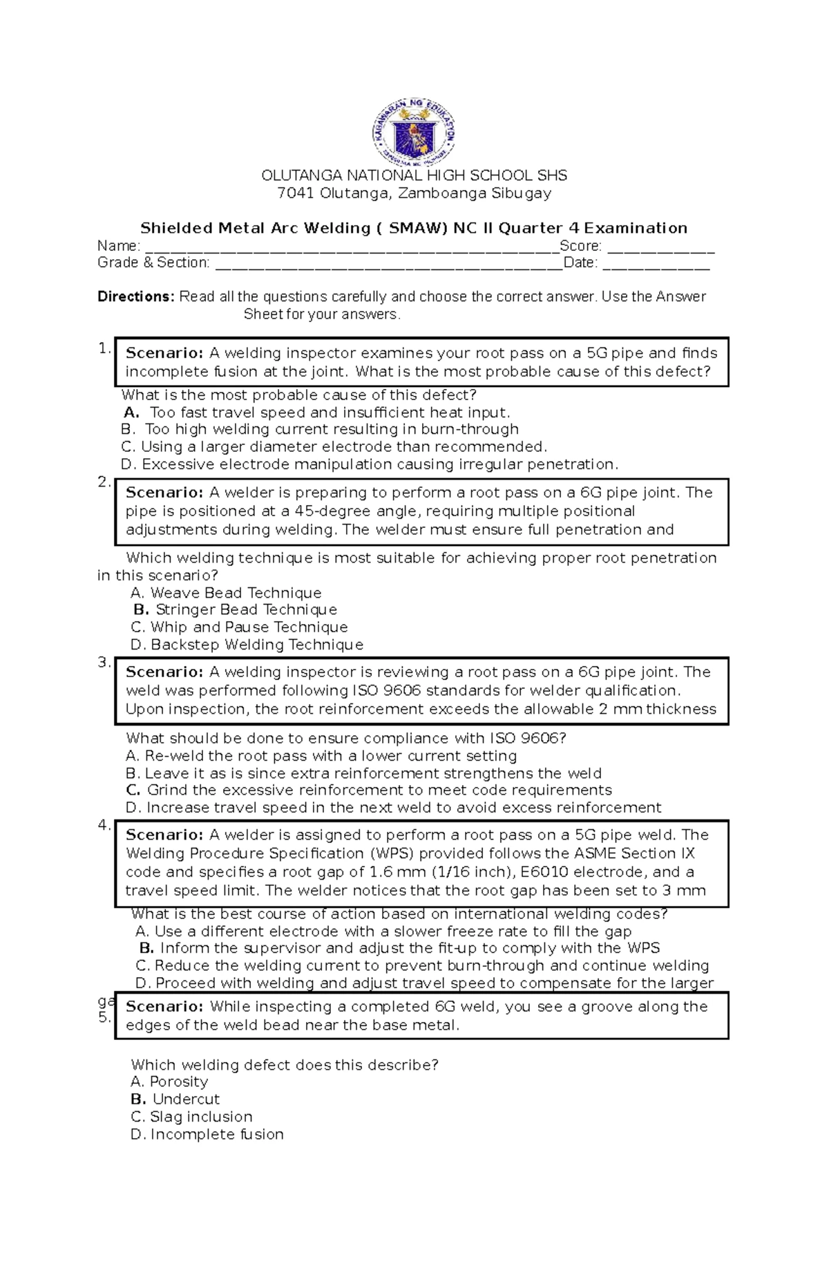 SMAW NC II - Quarter 3 Examination for 2G Pipe Welding Techniques - Studocu