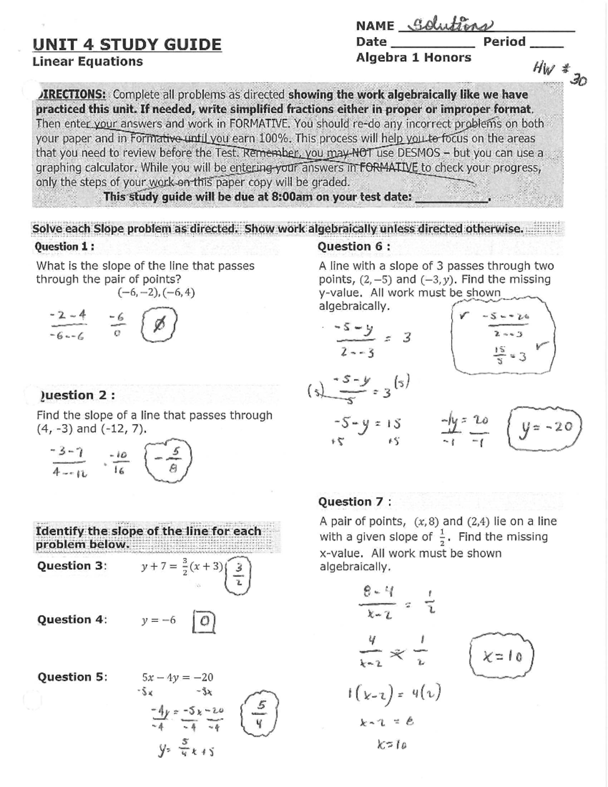 Unit 4 Study Guide Solutions: Linear Equations for Algebra 1 Honors ...