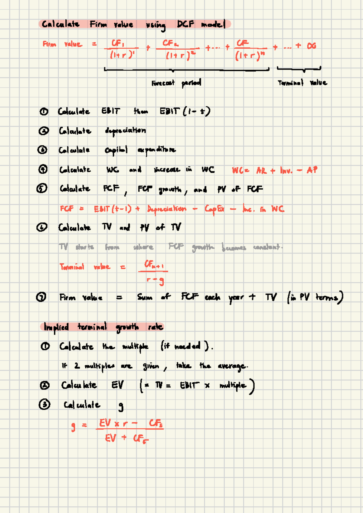 CFDM cheat sheet - Calculate Firm value using DCF model Firm value =y ...