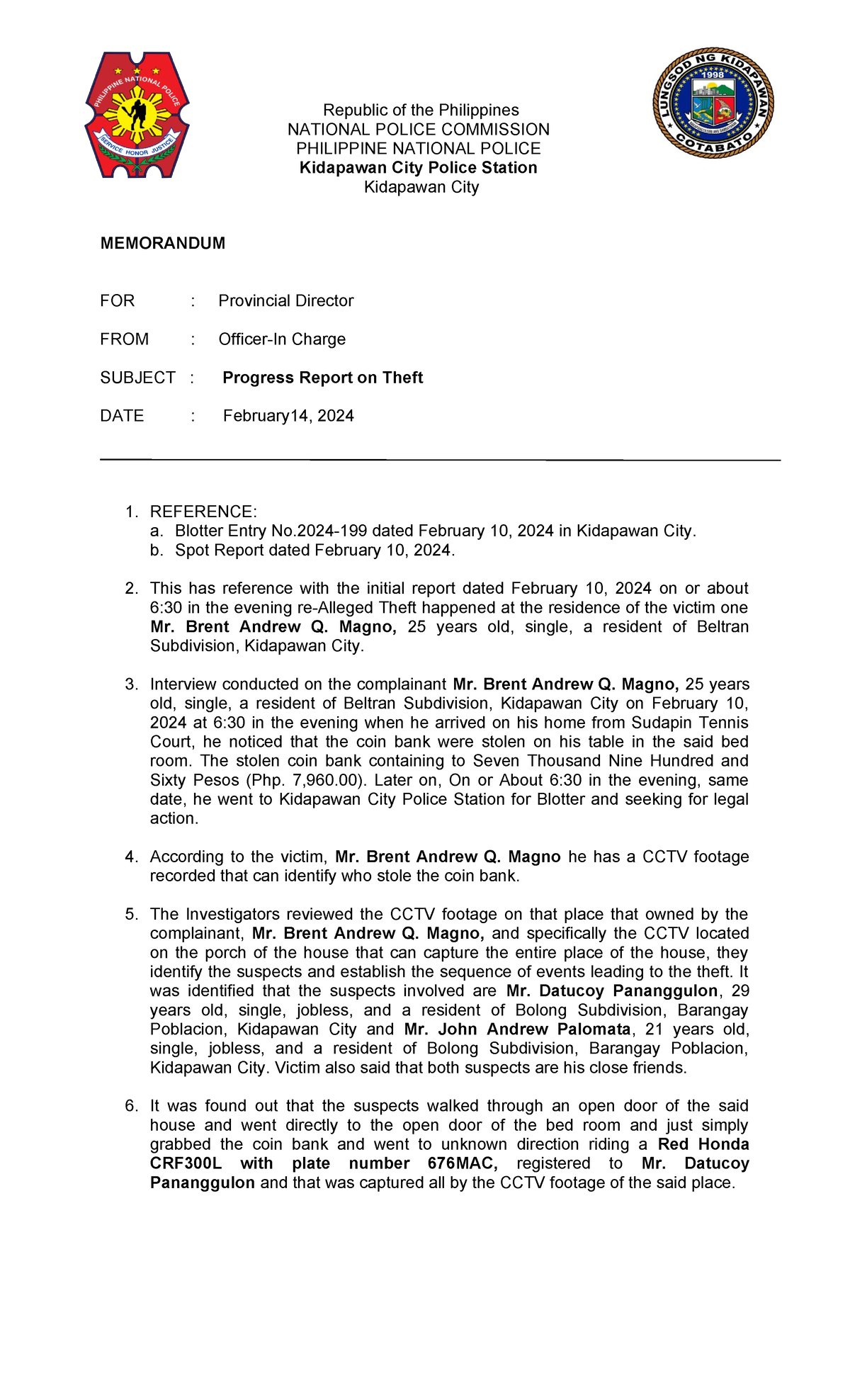 Progress Report on Theft Case - Kidapawan City Police Station - Studocu