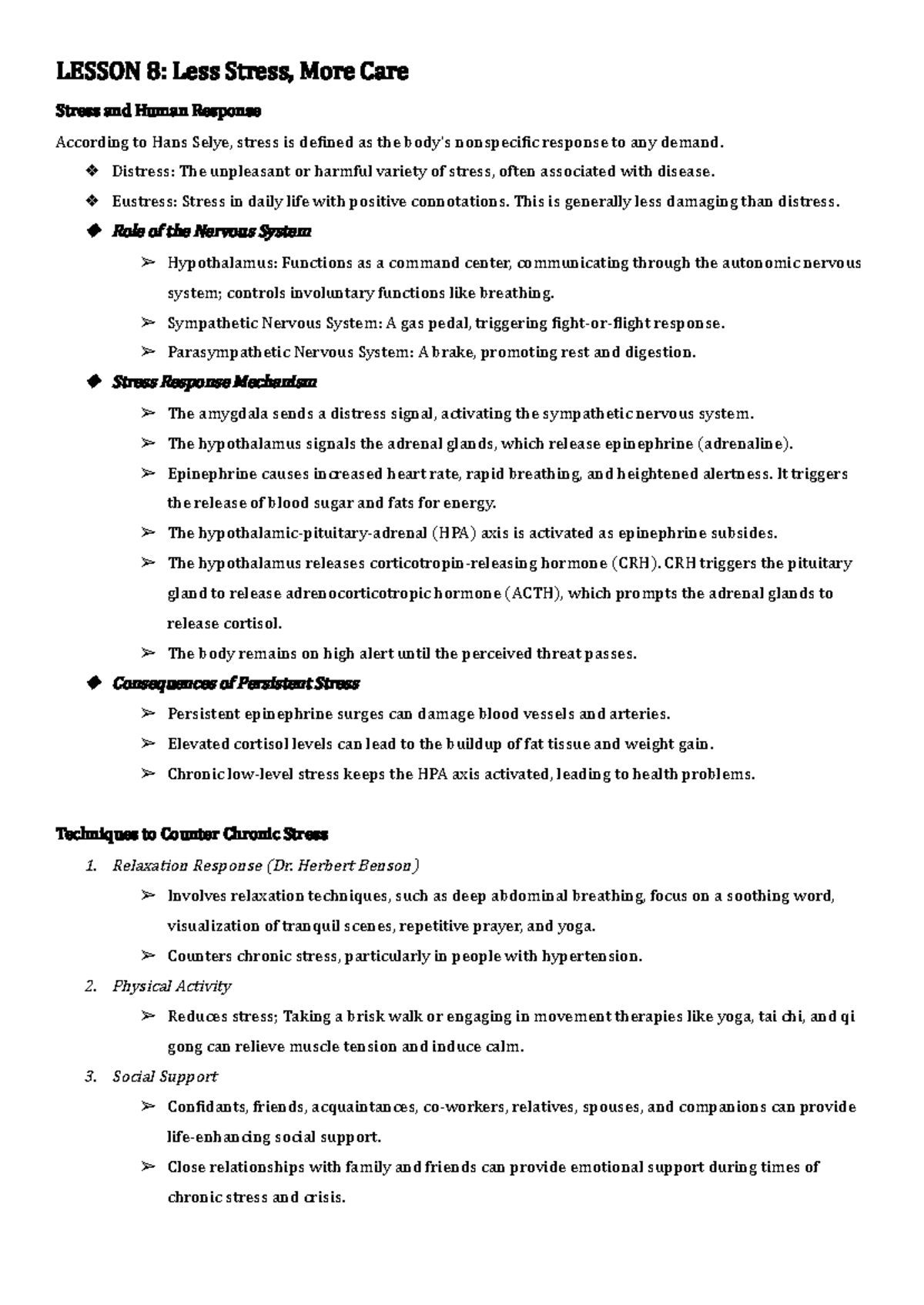 Handout: Lesson 8 - Less Stress, More Care on Stress Response - Studocu