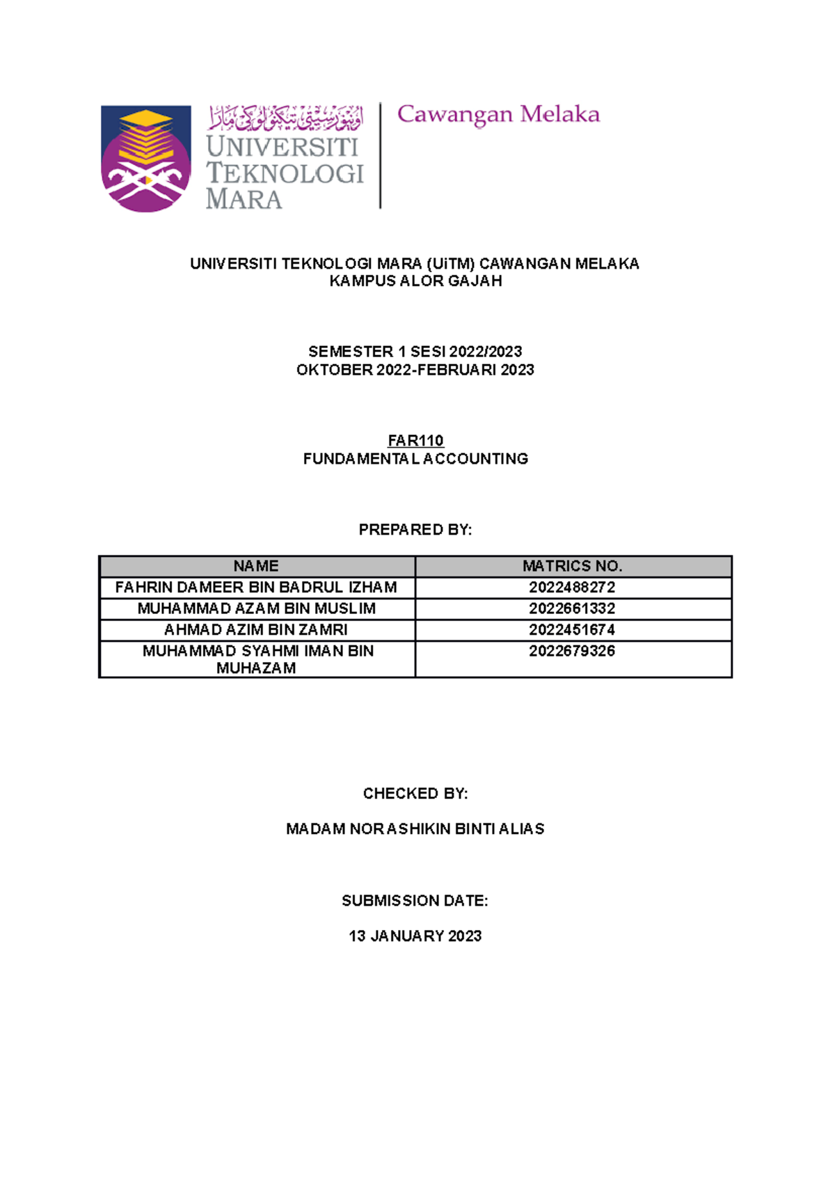 FAR Assignment Group - UNIVERSITI TEKNOLOGI MARA (UiTM) CAWANGAN MELAKA ...