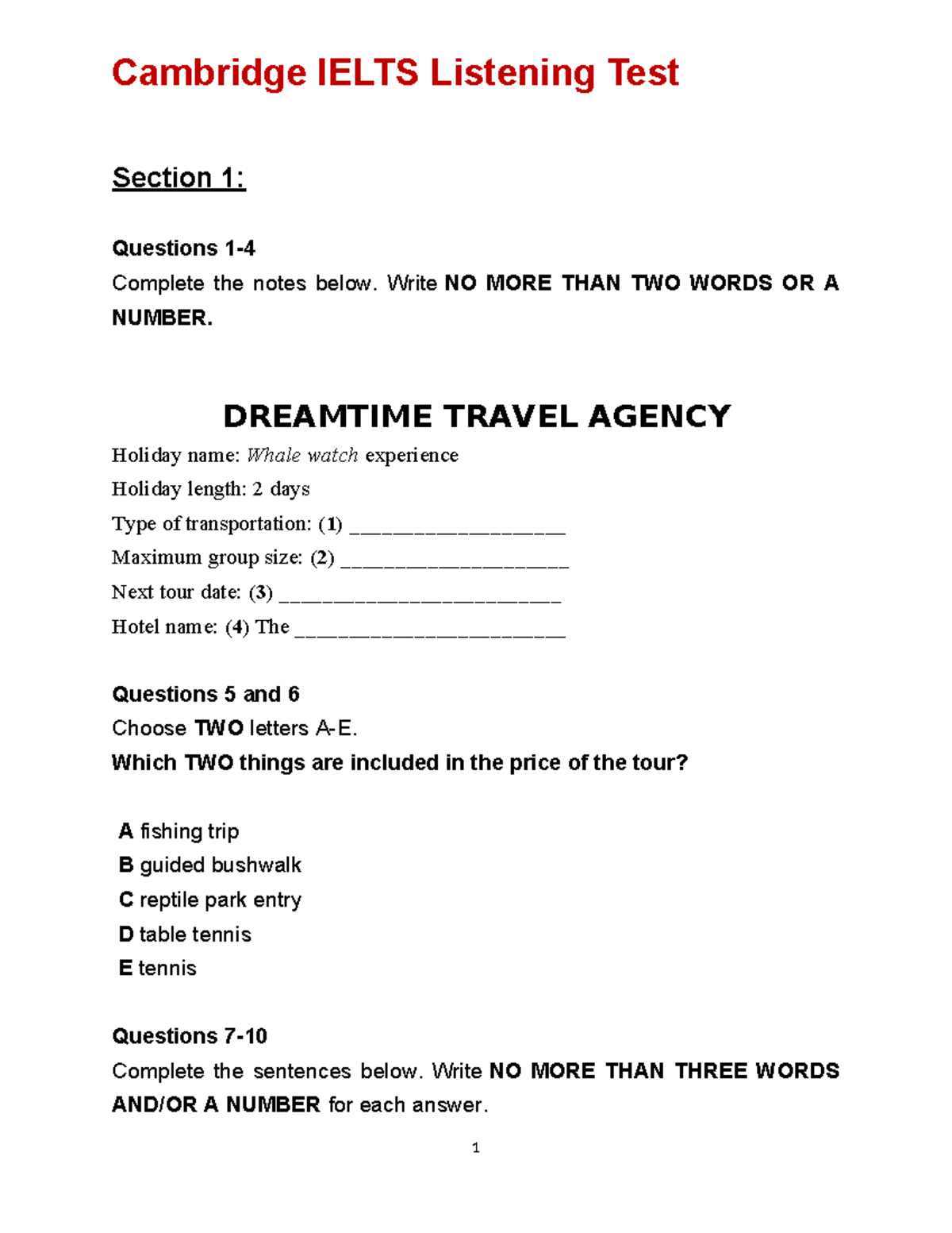 Cambridge IELTS 5 Listening Test 1: Notes and Questions - Studocu