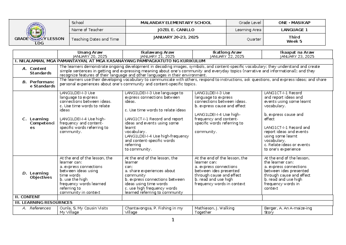 Language DLL Q3 W5 - Grade 1 Daily Lesson Plan Overview - Studocu