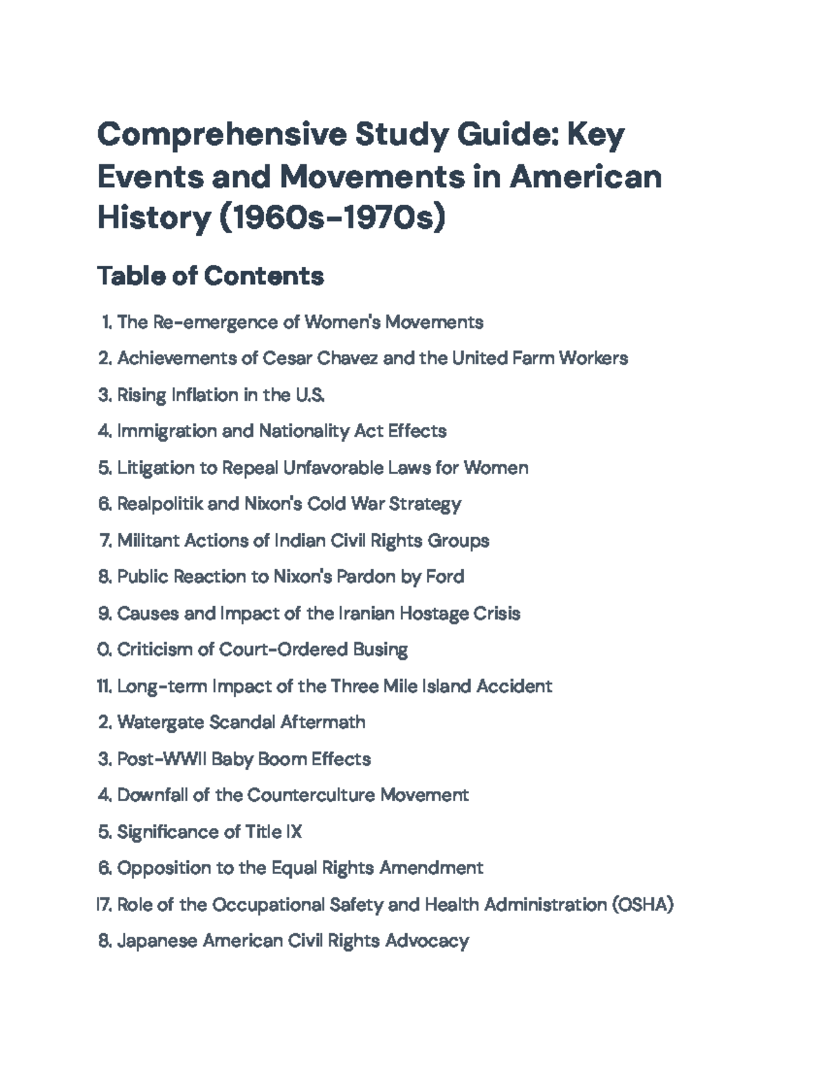 Comprehensive Study Guide: Key Events in U.S. History (1960s-1970s ...