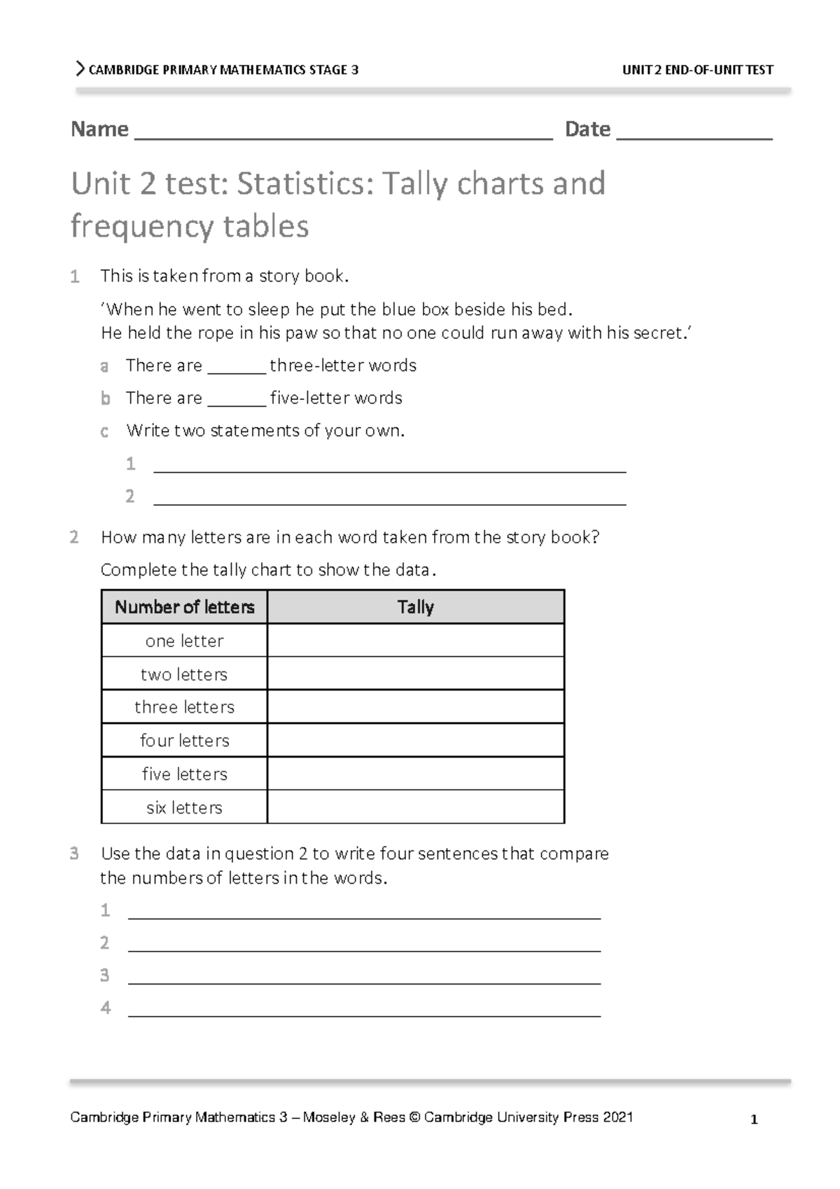CAMBRIDGE PRIMARY MATHEMATICS STAGE 3 UNIT 2 TEST - Studocu