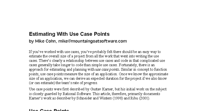 Cohn - Estimating with Use Case Points (v2) Analysis and Insights - Studocu